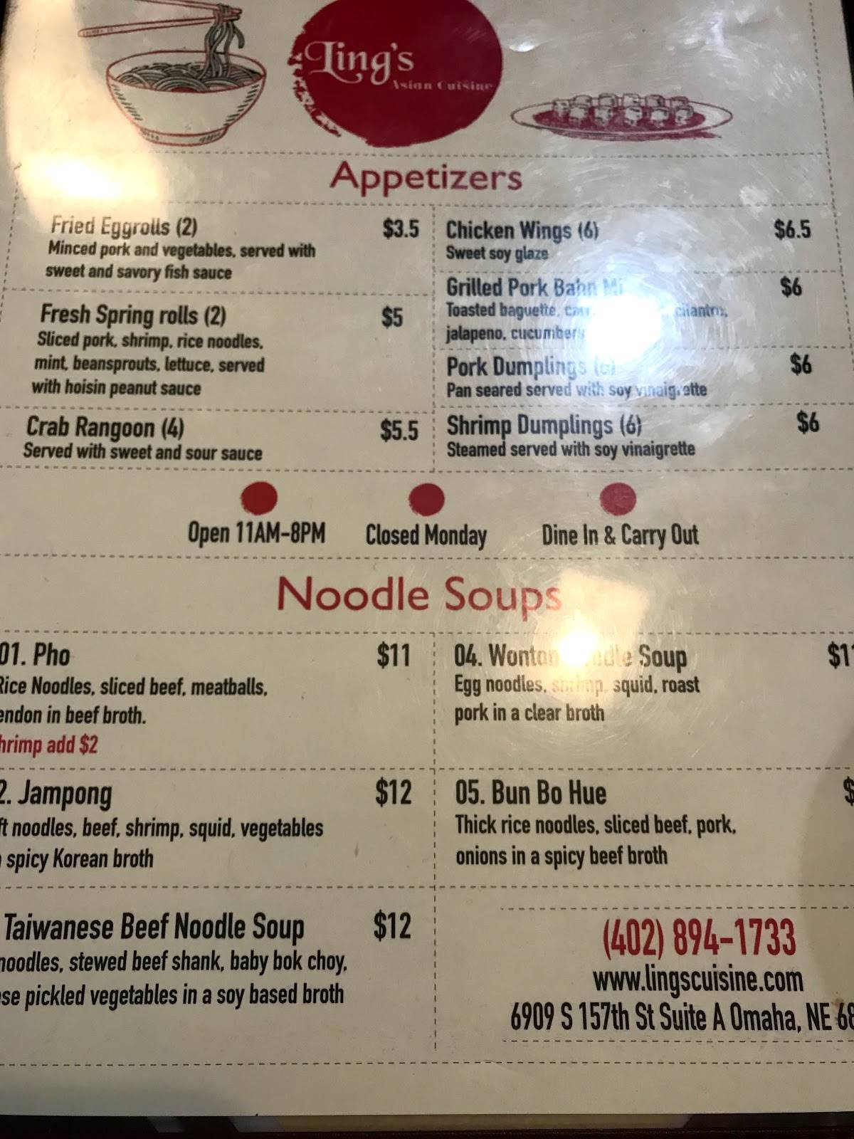 Menu at Ling's Asian Cuisine restaurant, Omaha, S 157th St a