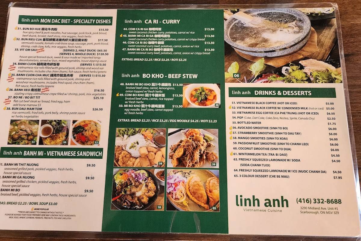 Menu au Linh Anh Vietnamese Cuisine restaurant, Toronto, Midland Ave Unit 1