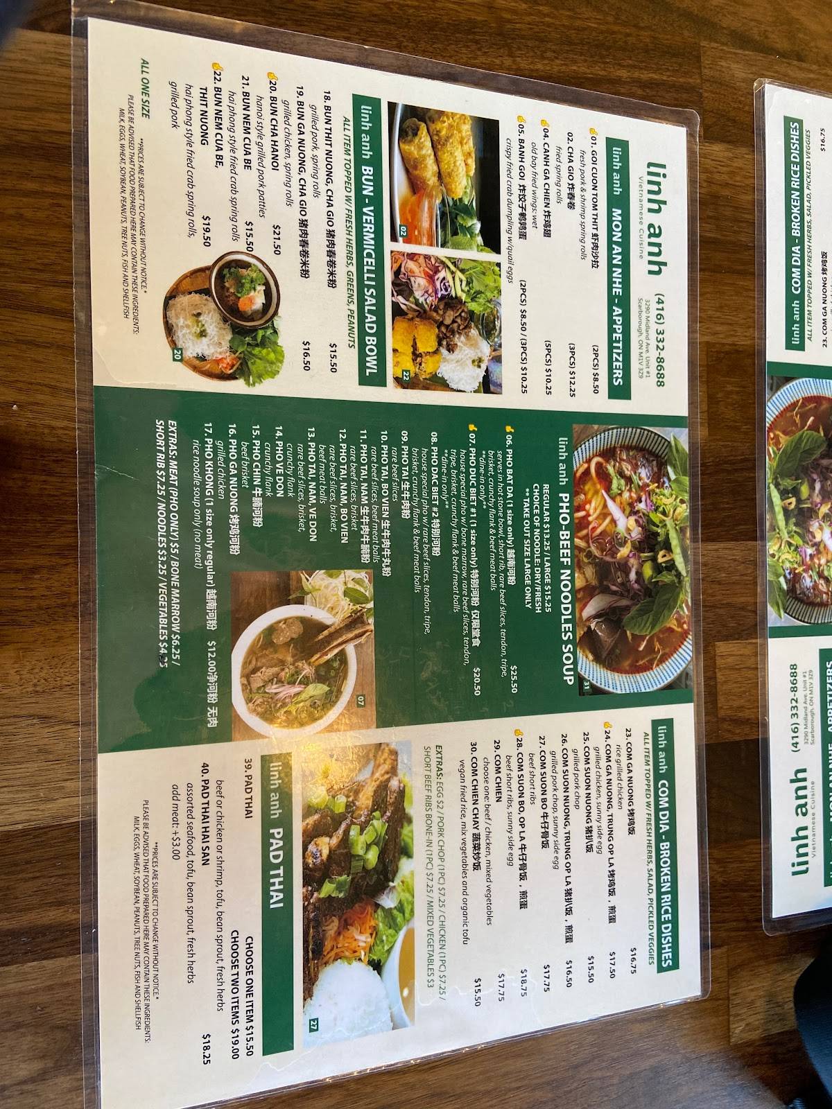 Menu au Linh Anh Vietnamese Cuisine restaurant, Toronto, Midland Ave Unit 1