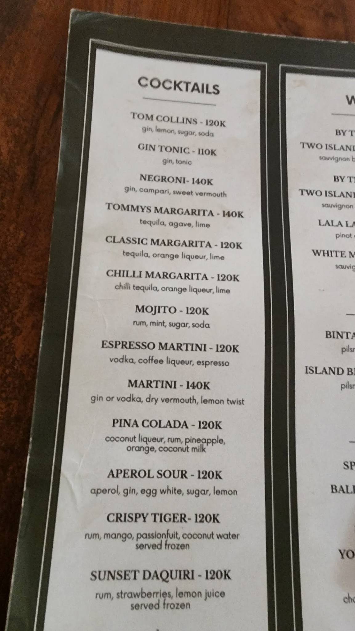 Menu at Lionfish restaurant, Lembongan