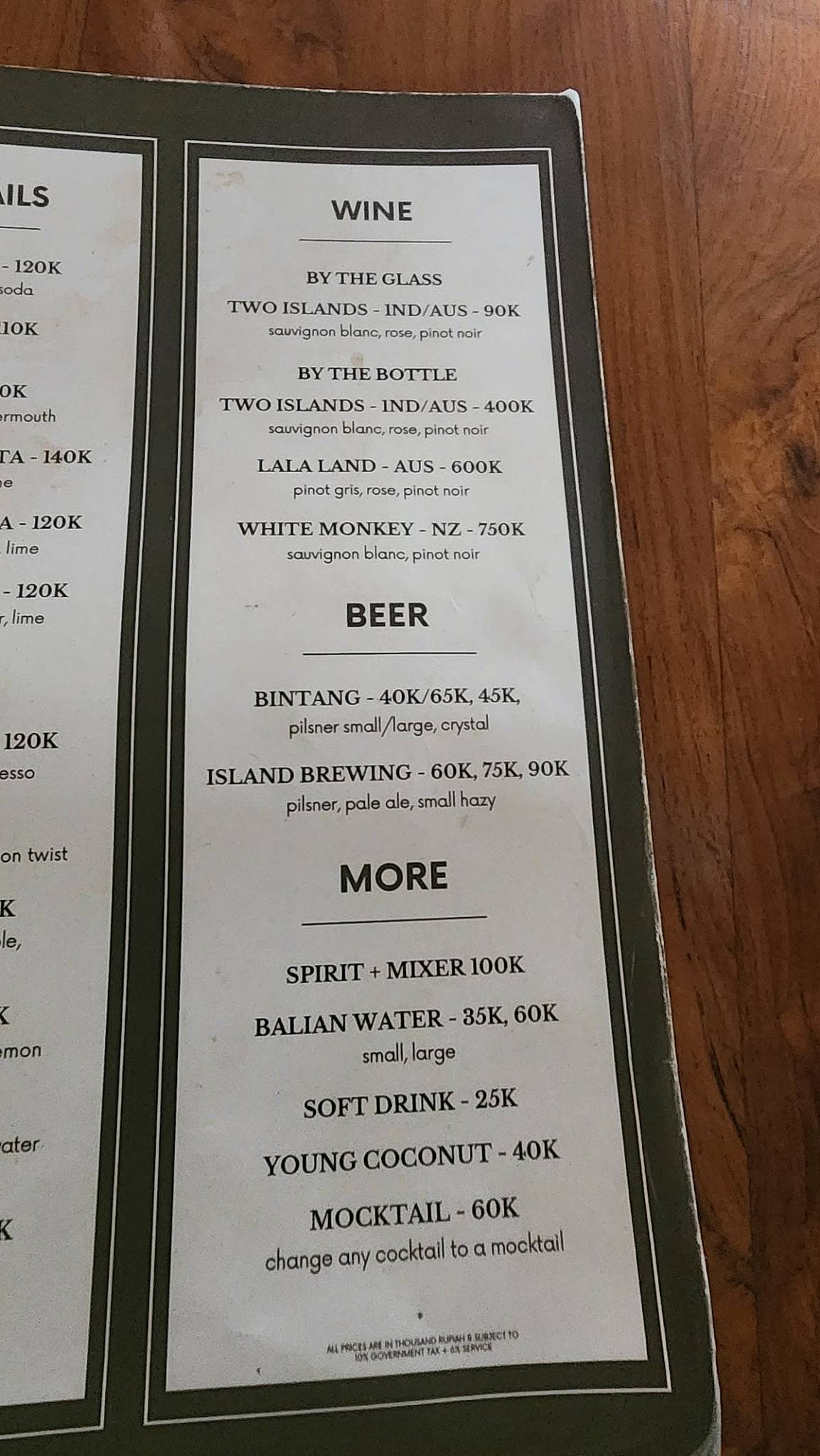 Menu at Lionfish restaurant, Lembongan