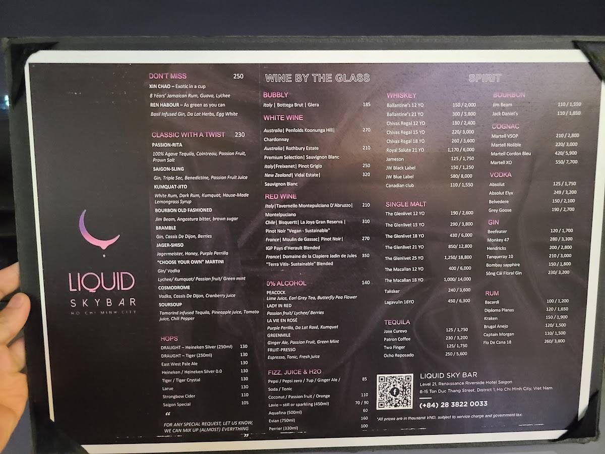 Menu at Liquid Sky Bar, Ho Chi Minh City, 15 Đ. Tôn Đức Thắng