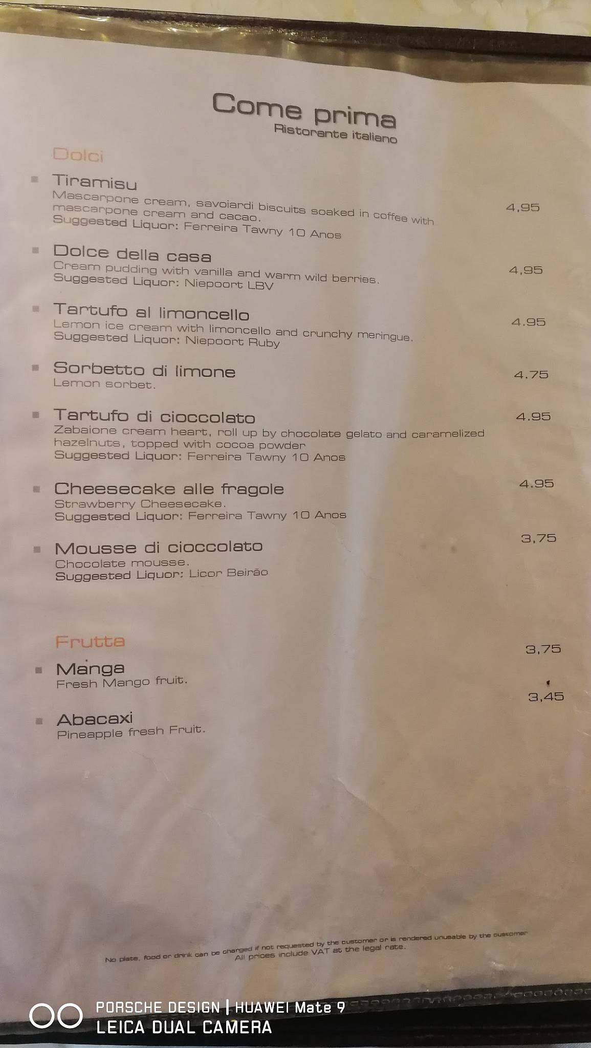 Menu at Restaurante Come Prima, Lisbon