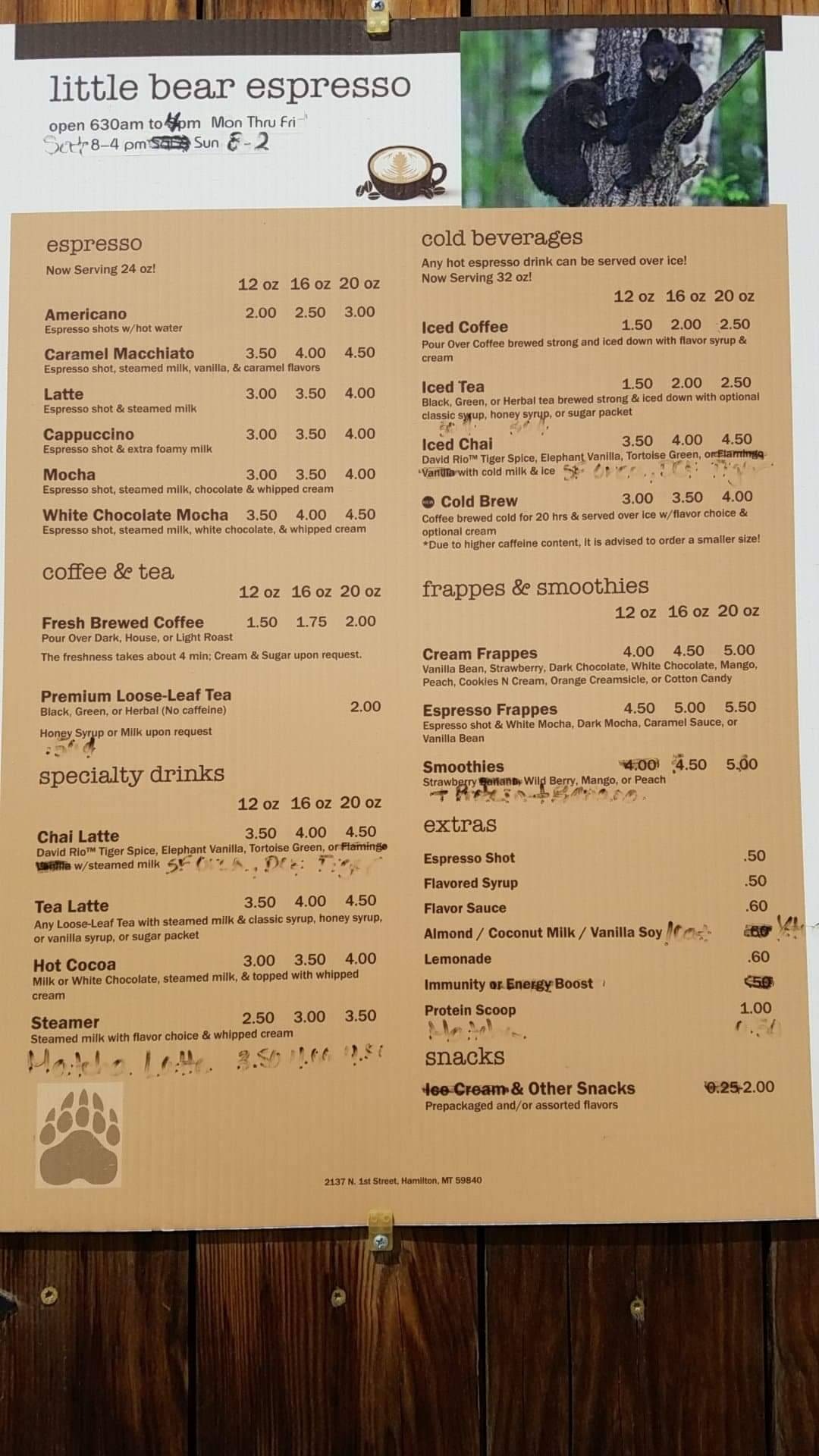 Menu at Little Bear Espresso, Darby