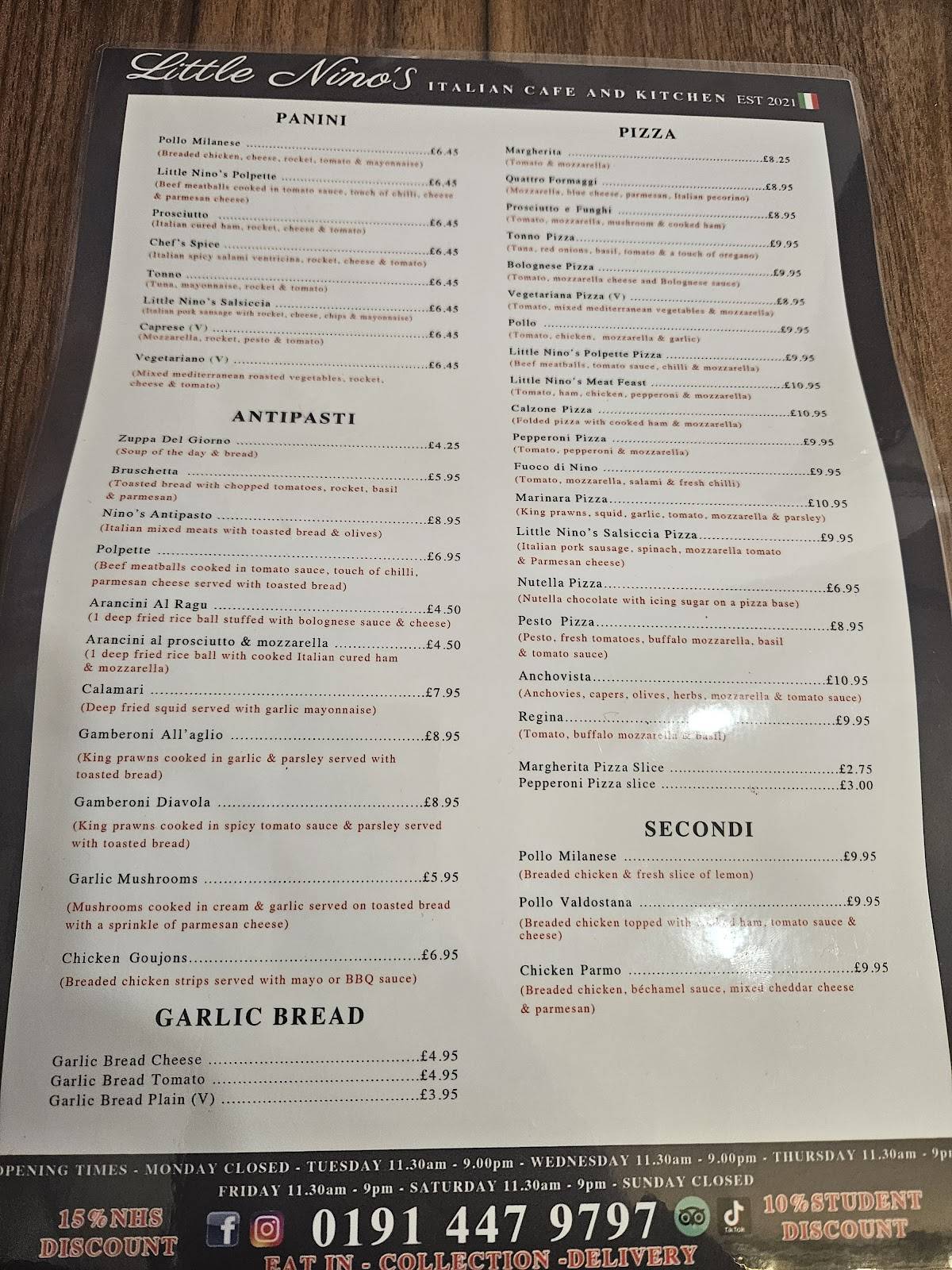 Menu at Little Nino's restaurant, Newcastle upon Tyne
