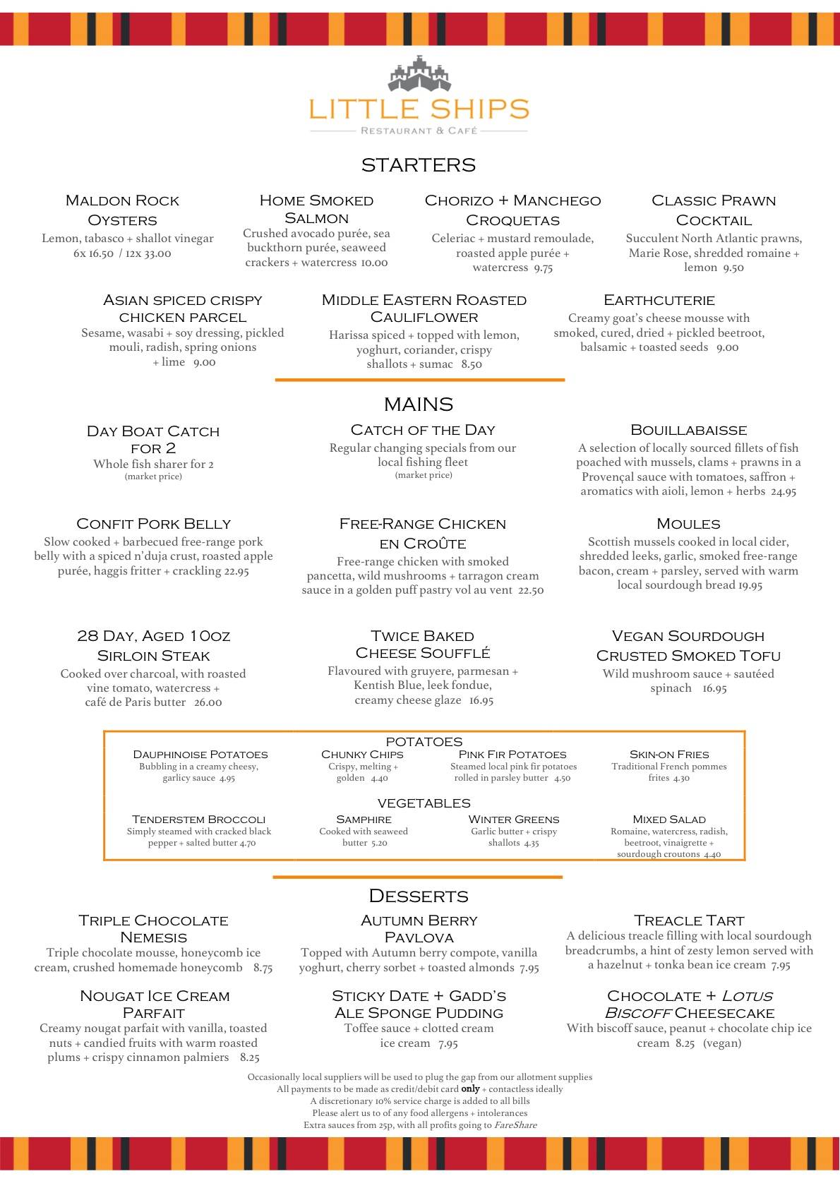 Menu at Little Ships restaurant, Ramsgate