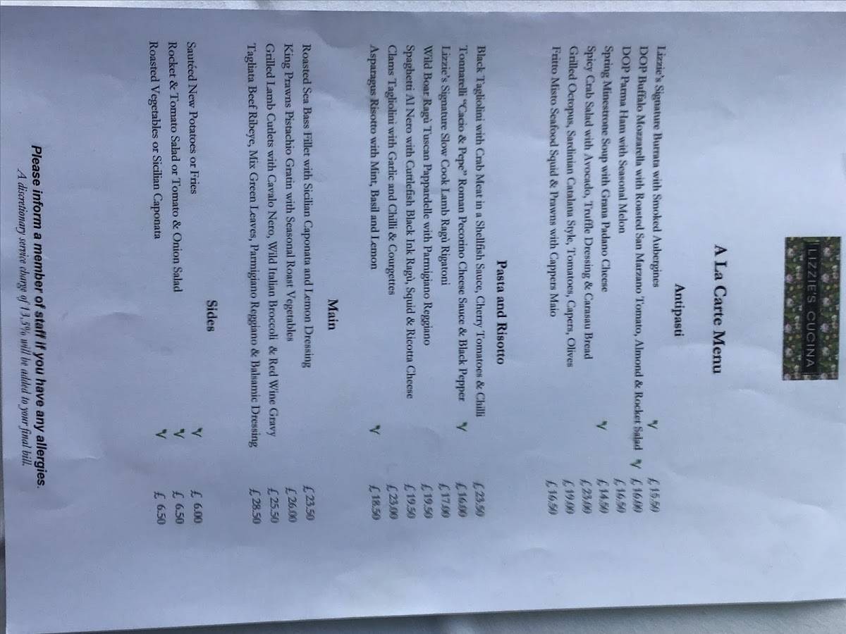 Menu at Lizzie's Cucina restaurant, London, 85 Bramley Rd