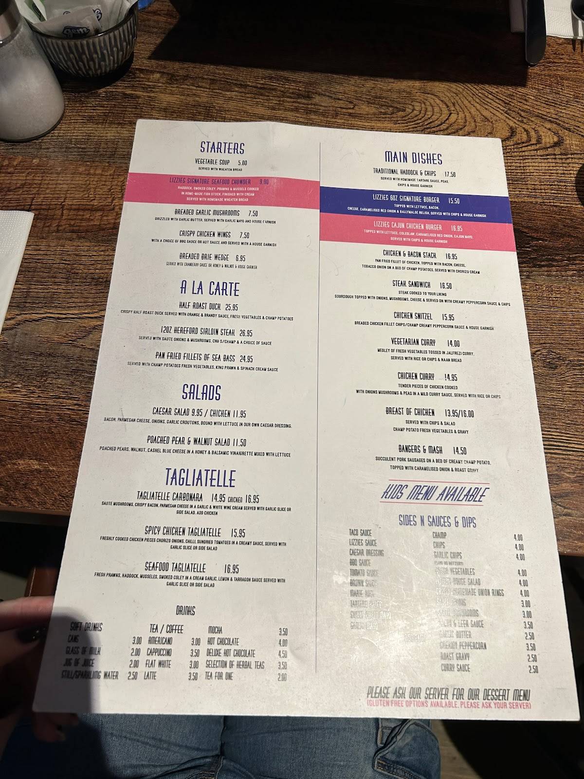 Menu at Lizzie's cafe, Dunfanaghy
