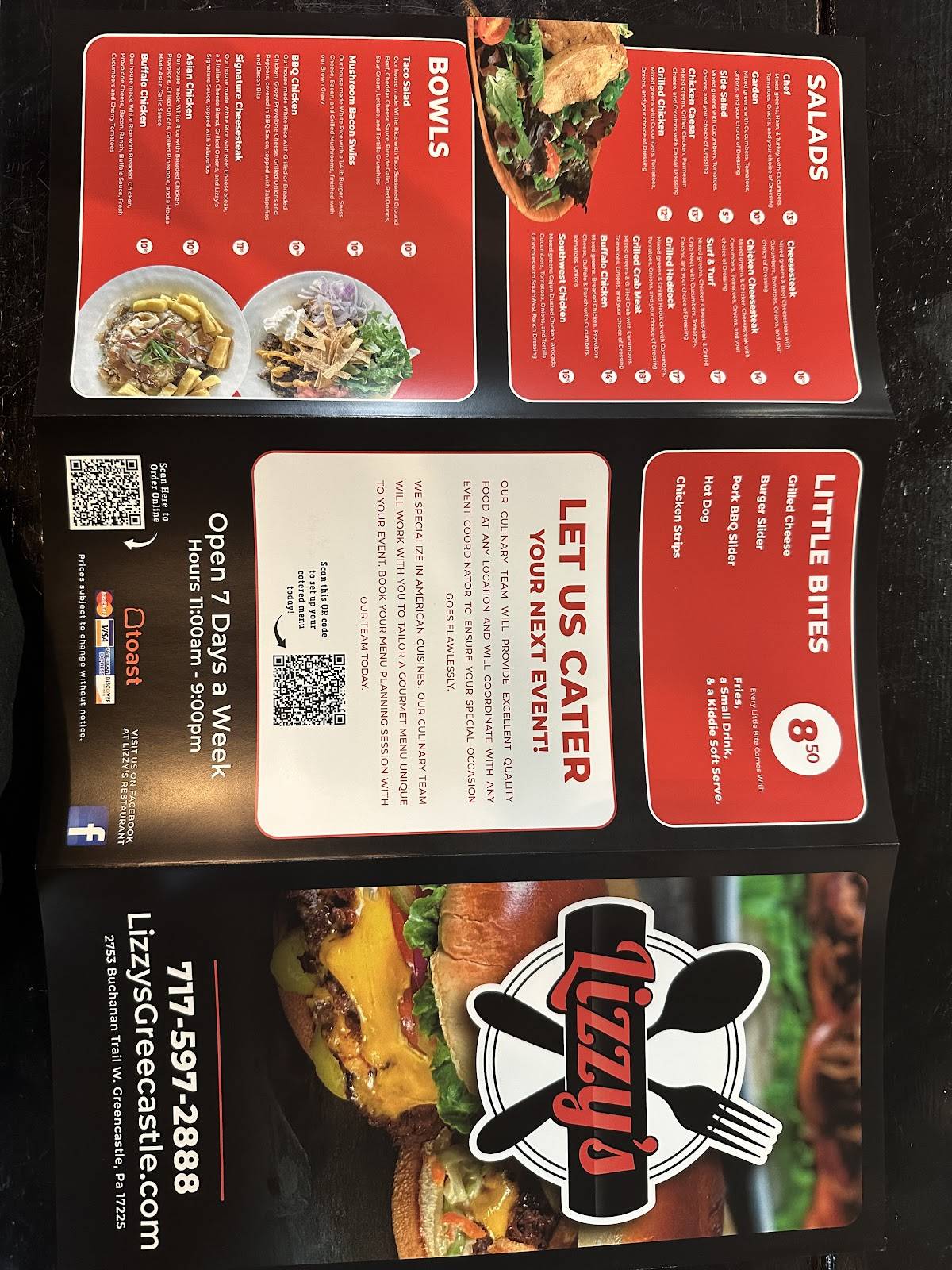 Menu at Lizzy's restaurant, Greencastle