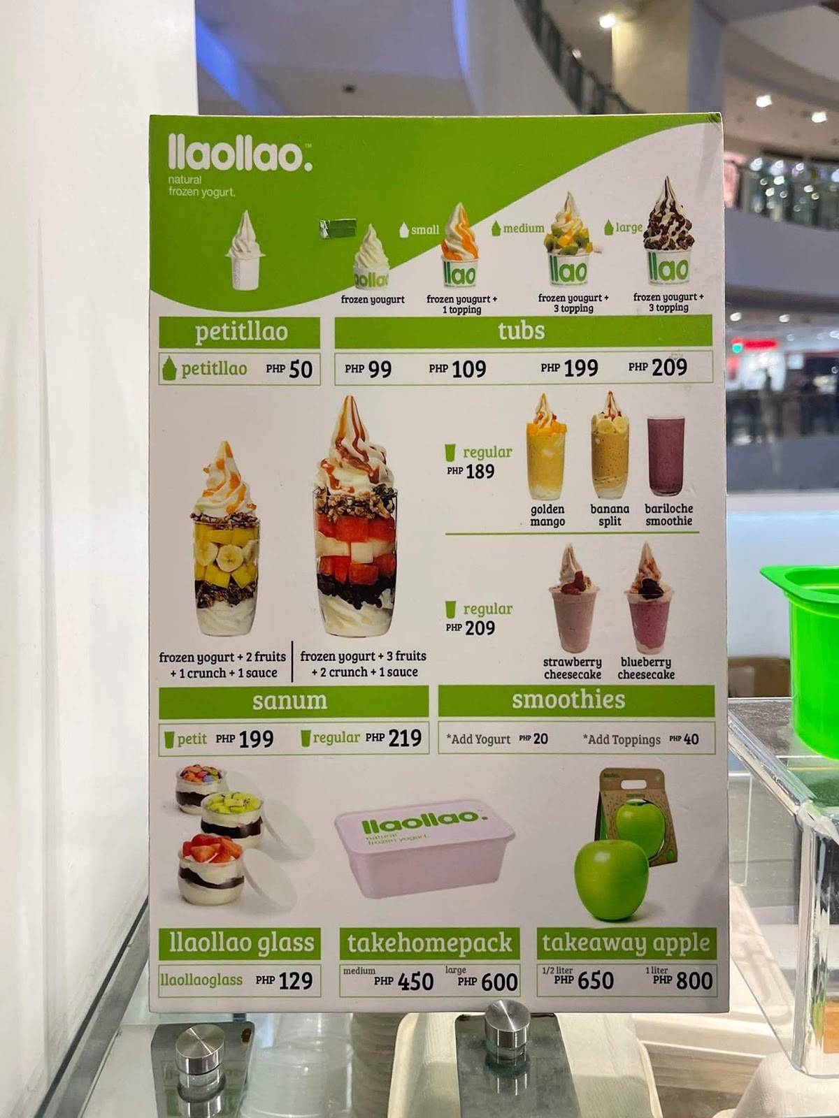 Menu at llaollao Trinoma desserts, Quezon City, Trinoma Mall