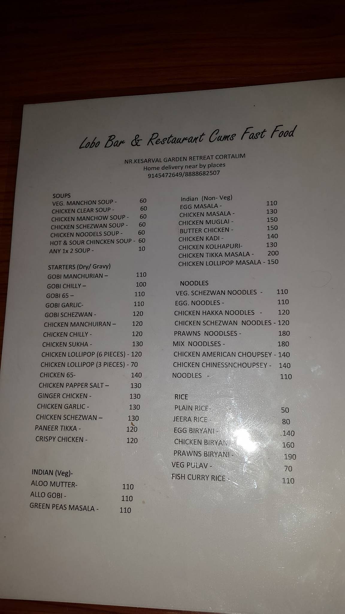 Menu at Lobo Bar & Restaurant, Bardez