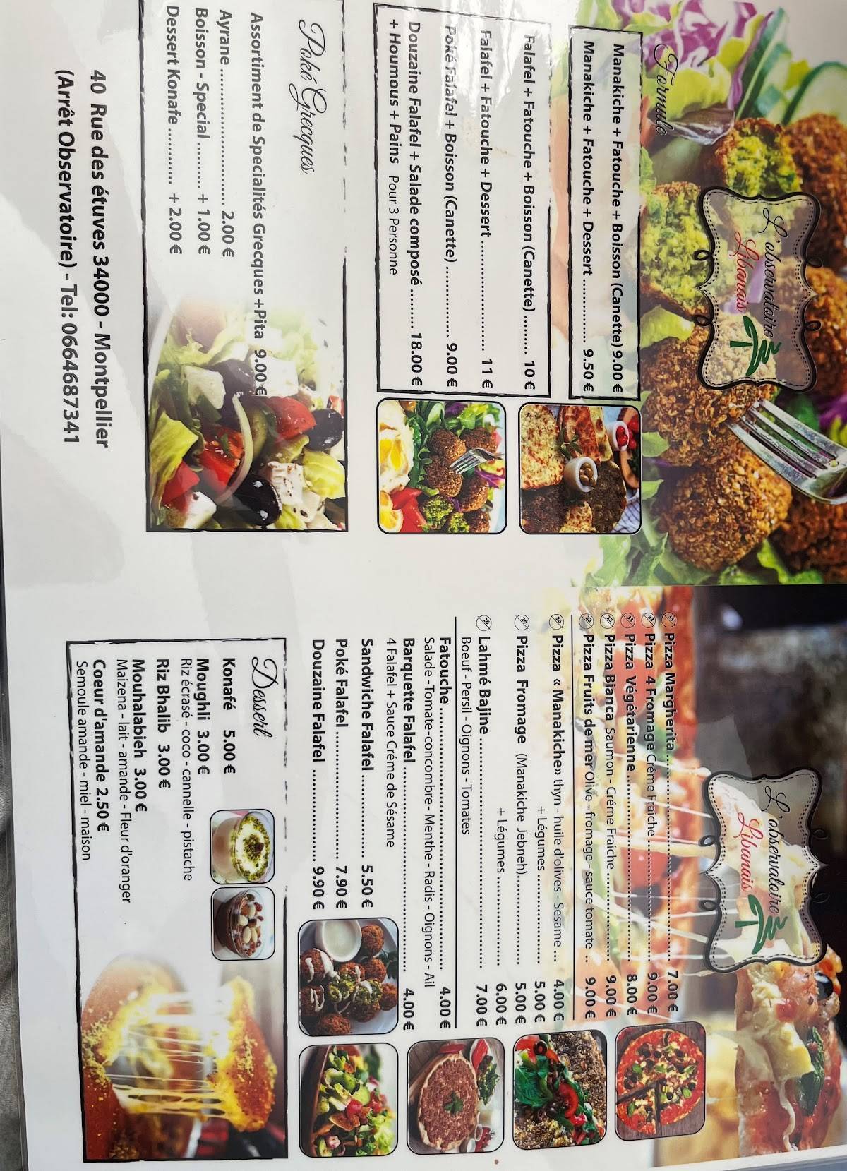 Menu au L'observatoire libanais restaurant, Montpellier