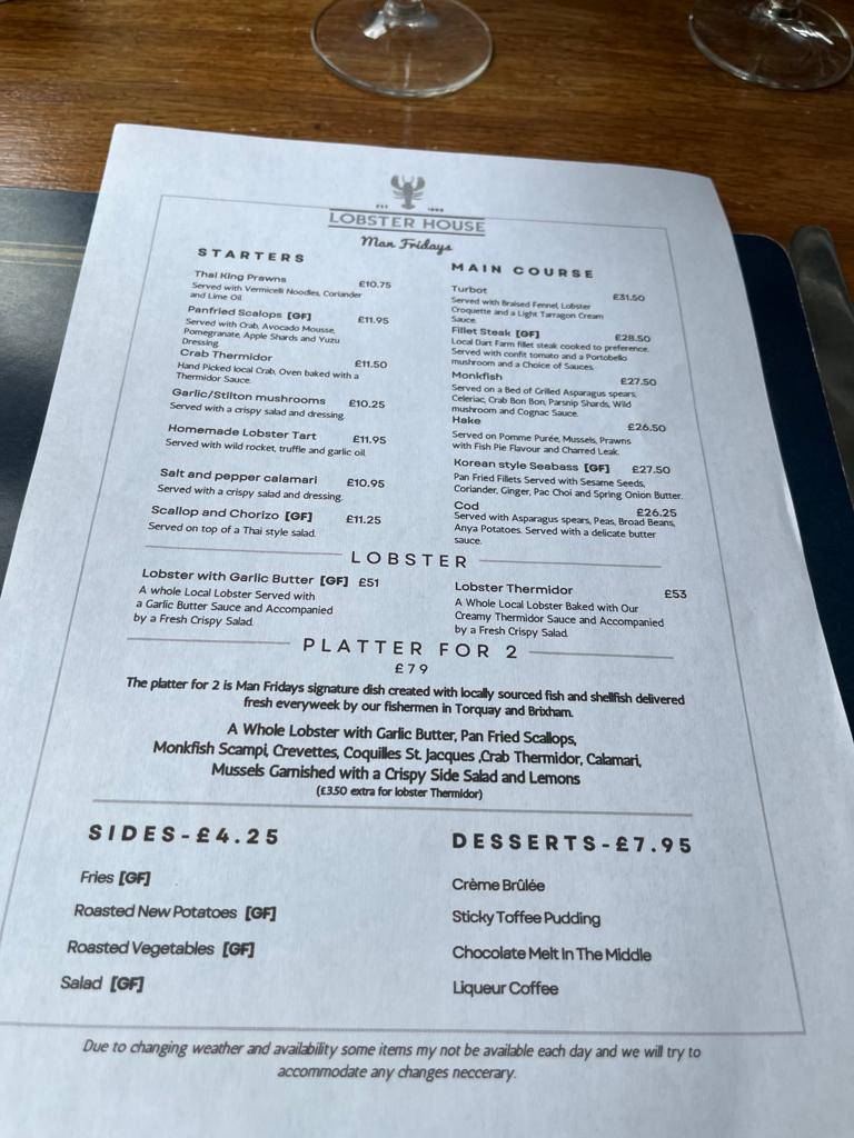 Menu at Lobster House restaurant, Torquay