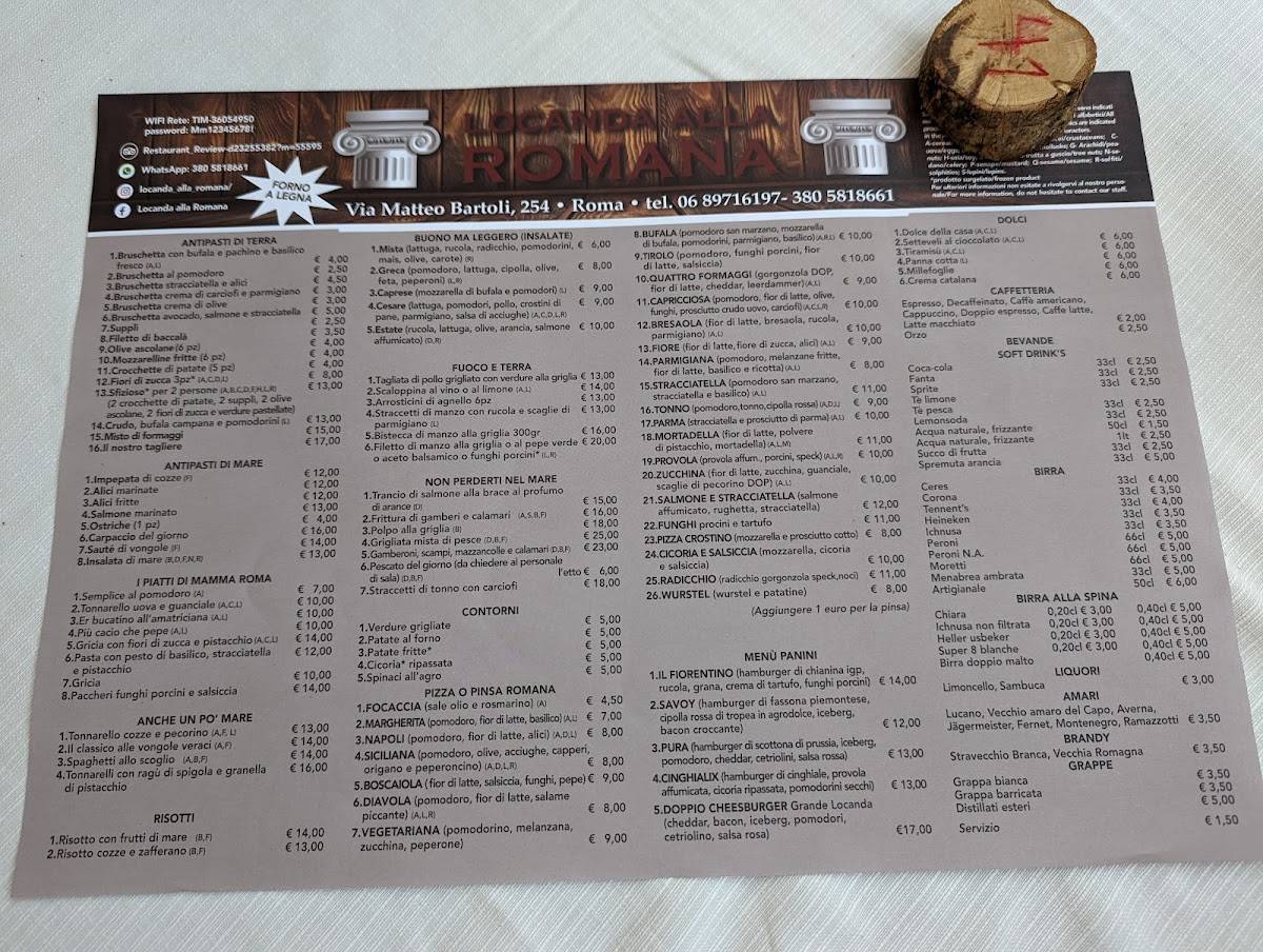 Menu at Locanda Alla Romana restaurant, Rome