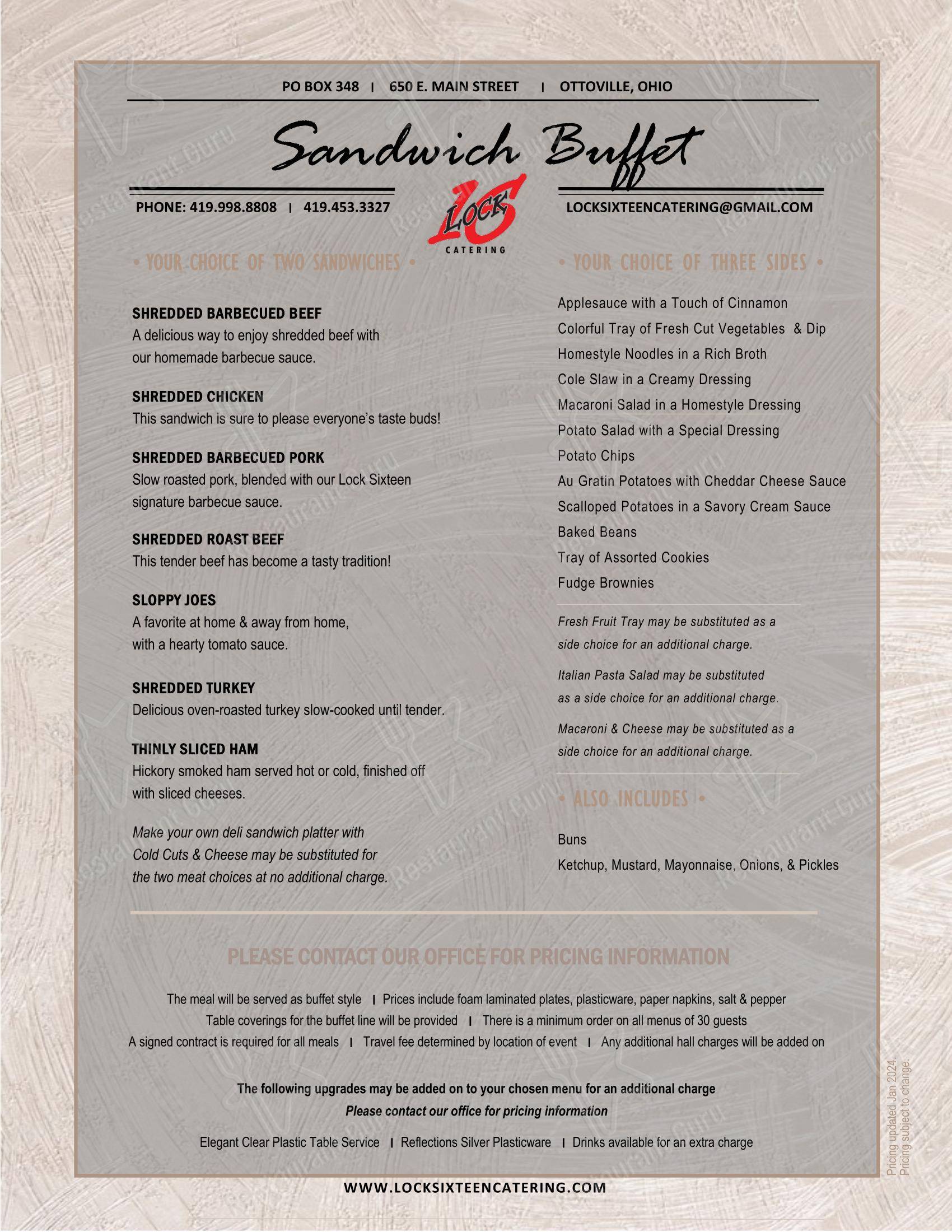 Menu at Lock Sixteen Steakhouse, Lima, 706 N Cable Rd