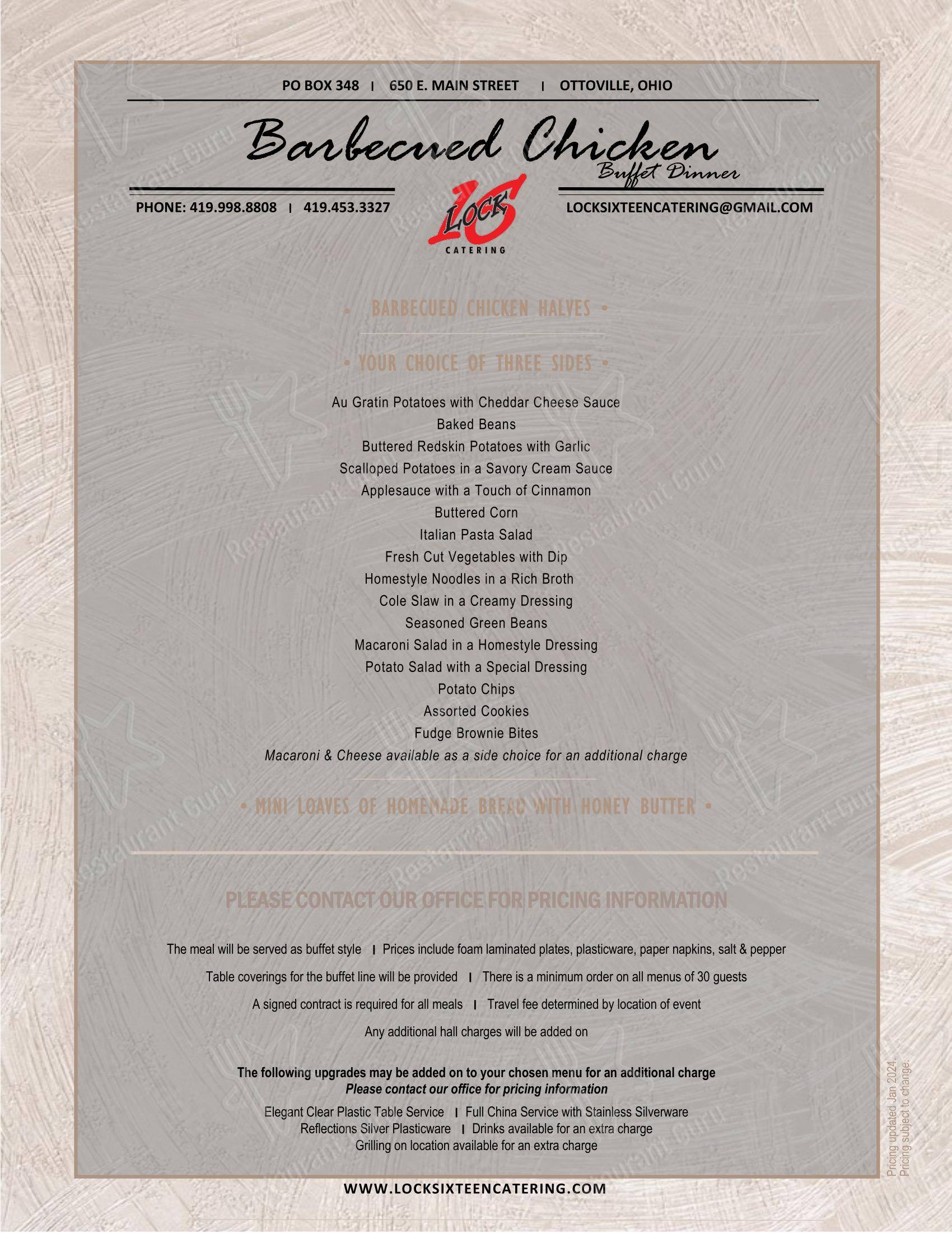 Menu at Lock Sixteen Steakhouse, Lima, 706 N Cable Rd