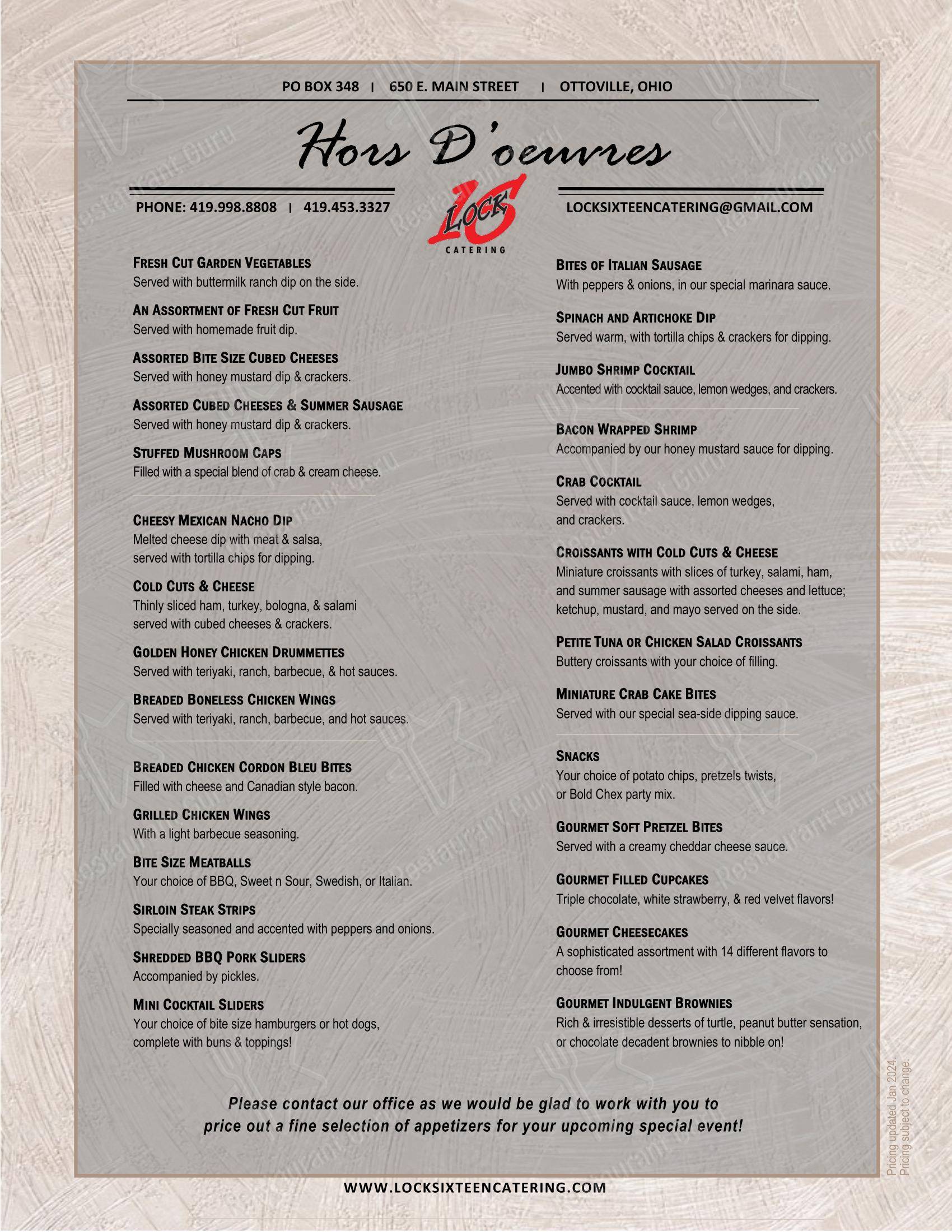Menu at Lock Sixteen Steakhouse, Lima, 706 N Cable Rd
