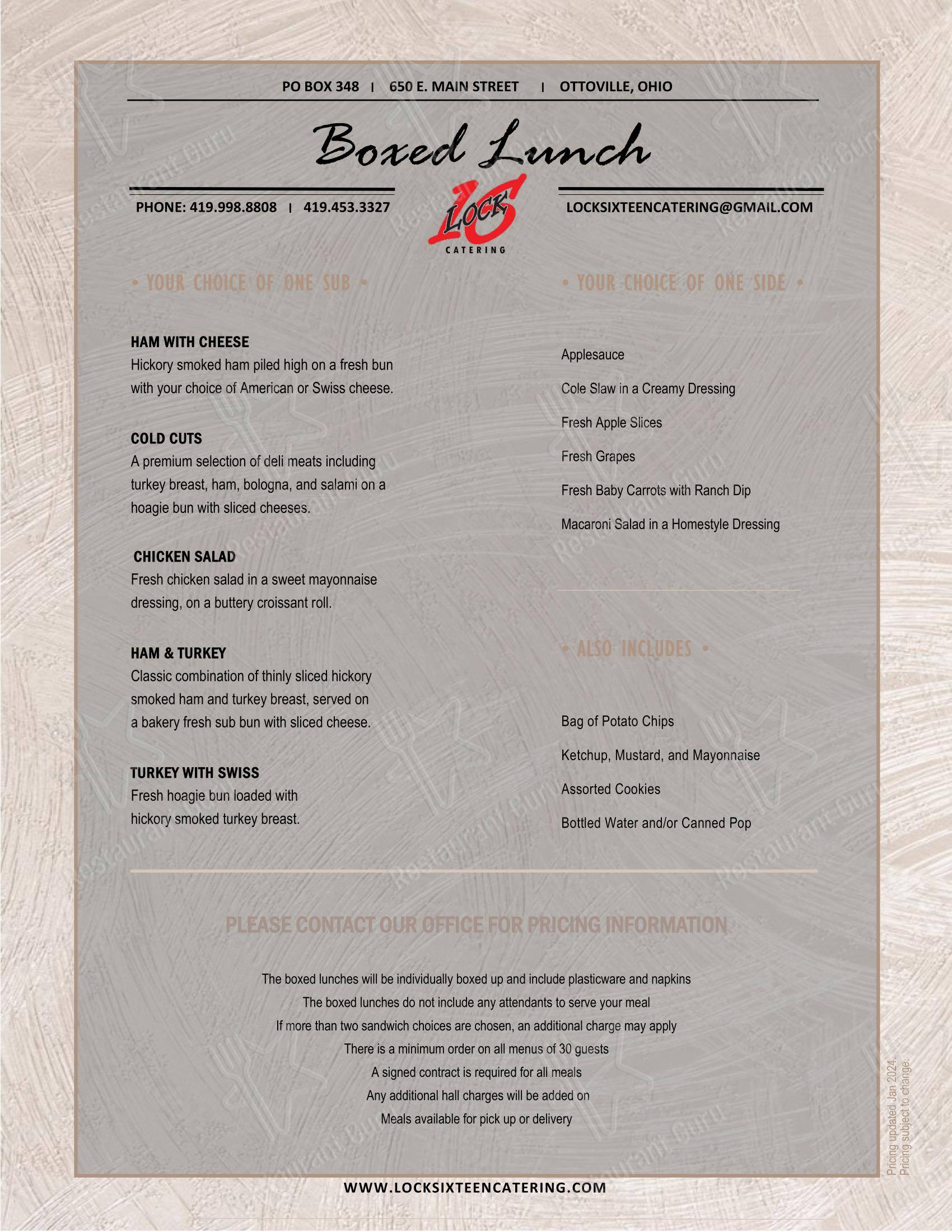 Menu at Lock Sixteen Steakhouse, Lima, 706 N Cable Rd