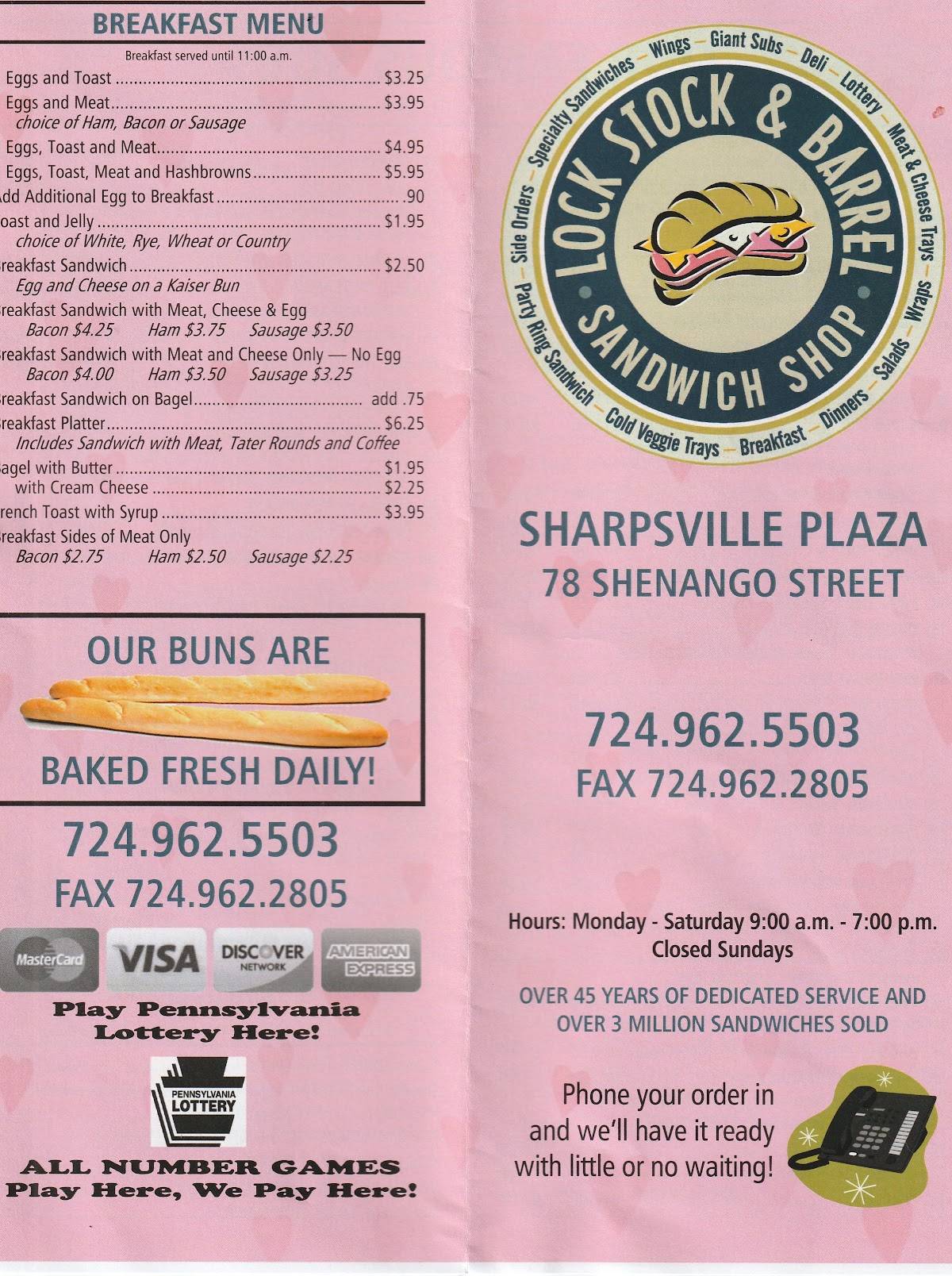 Menu at Lock Stock & Barrel, Sharpsville