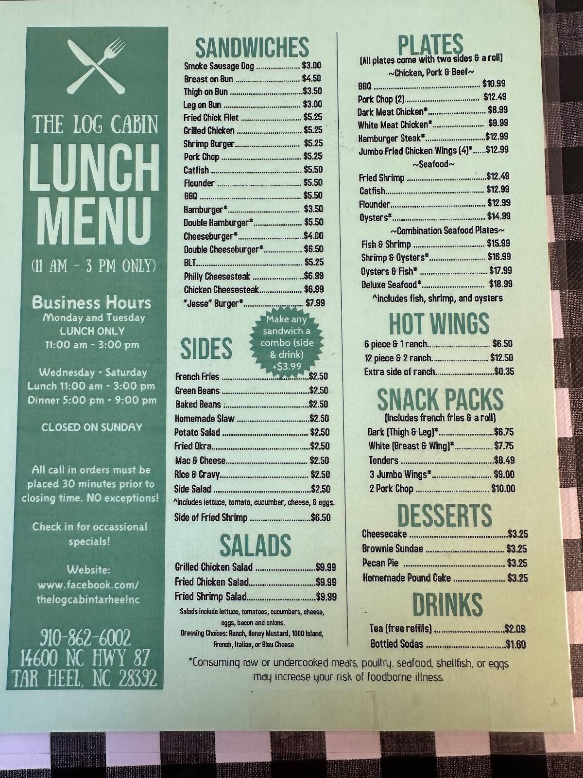 Menu at The Log Cabin Restaurant, Tar Heel