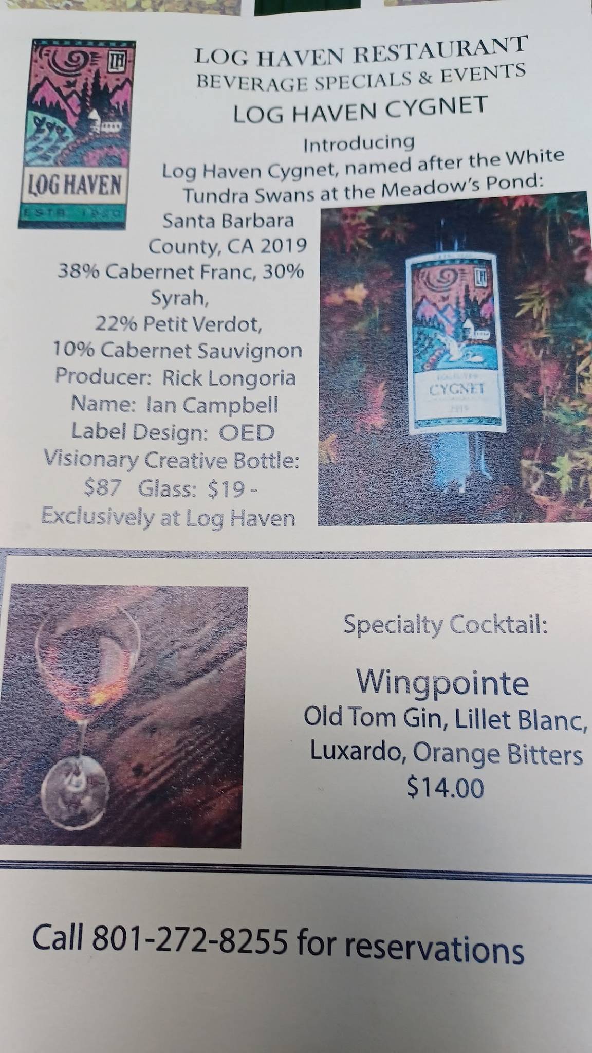Menu at Log Haven restaurant, Salt Lake City, Mill Creek Canyon Rd