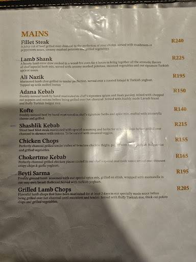 Menu at Lokkum Turkish Restaurant, Johannesburg