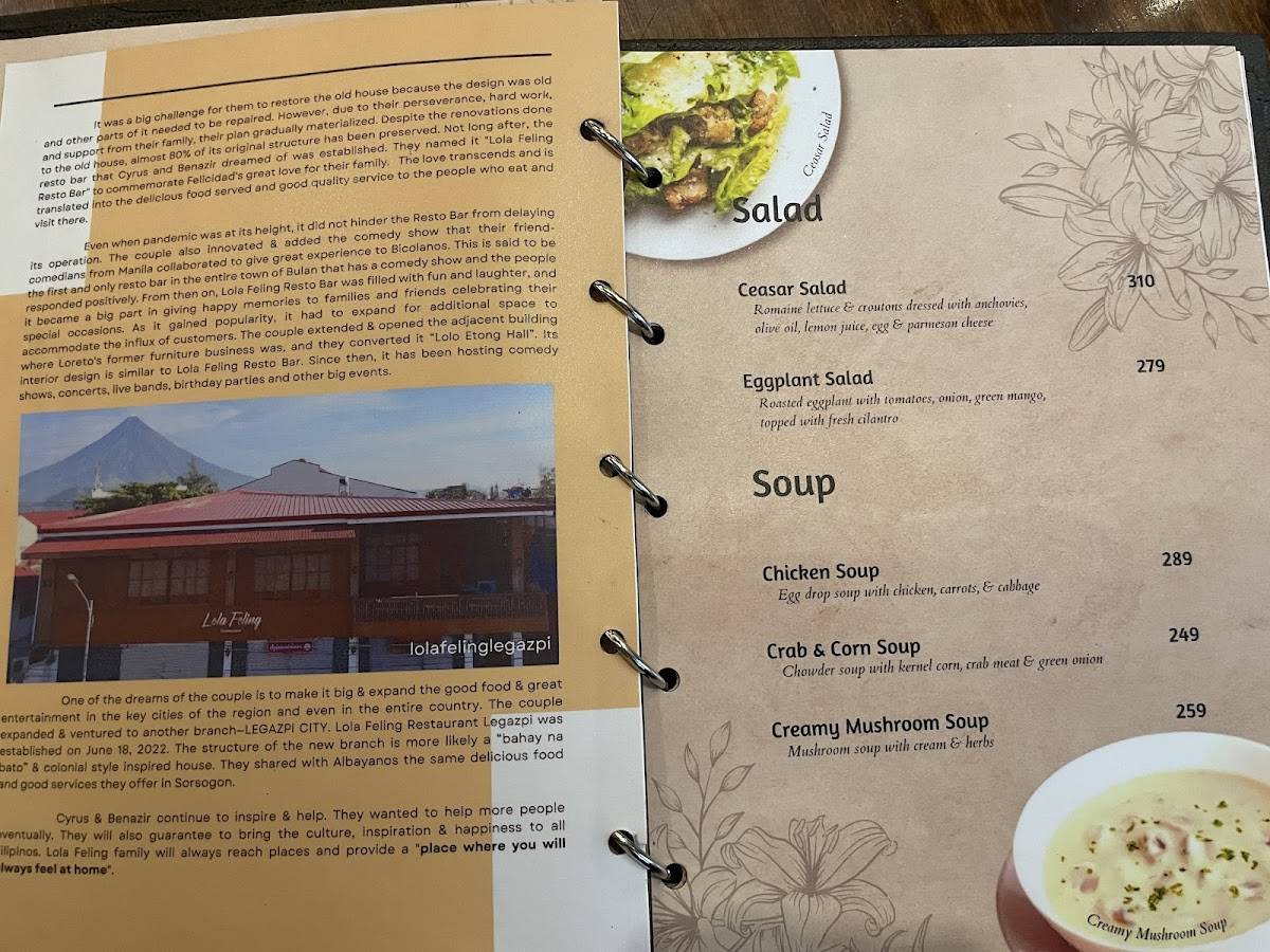 Menu at Lola Feling Restaurant Legazpi, Legazpi City