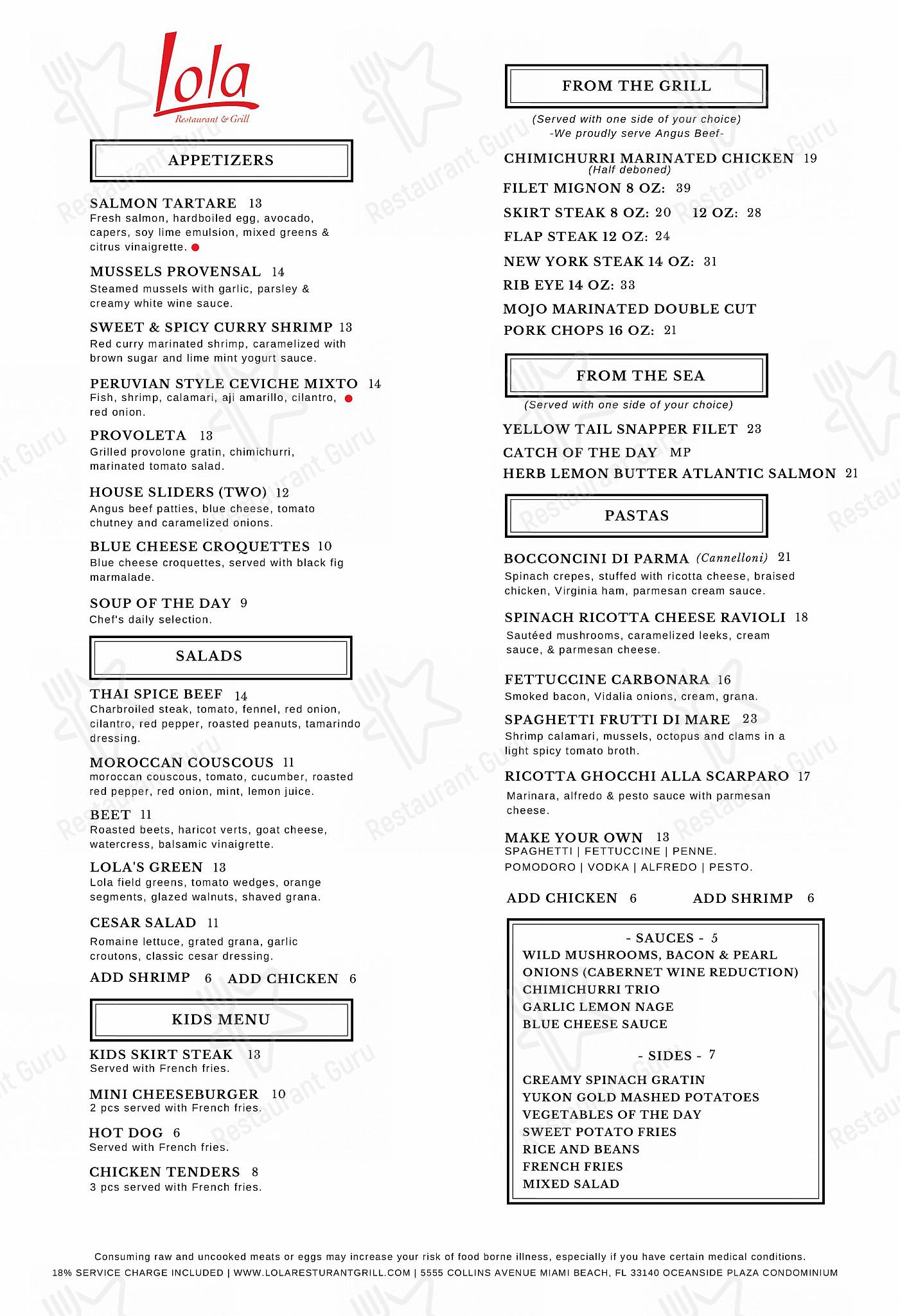Menu at Lola Restaurant & Grill, Miami Beach, Collins Ave