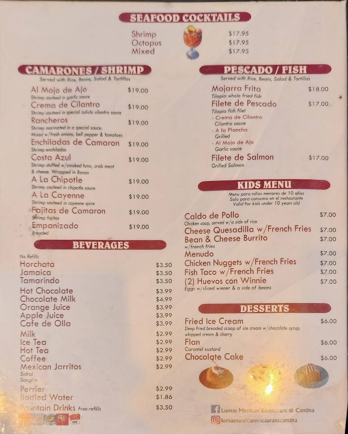 Menu at Lomas Mexican Restaurant & Cantina, Chula Vista