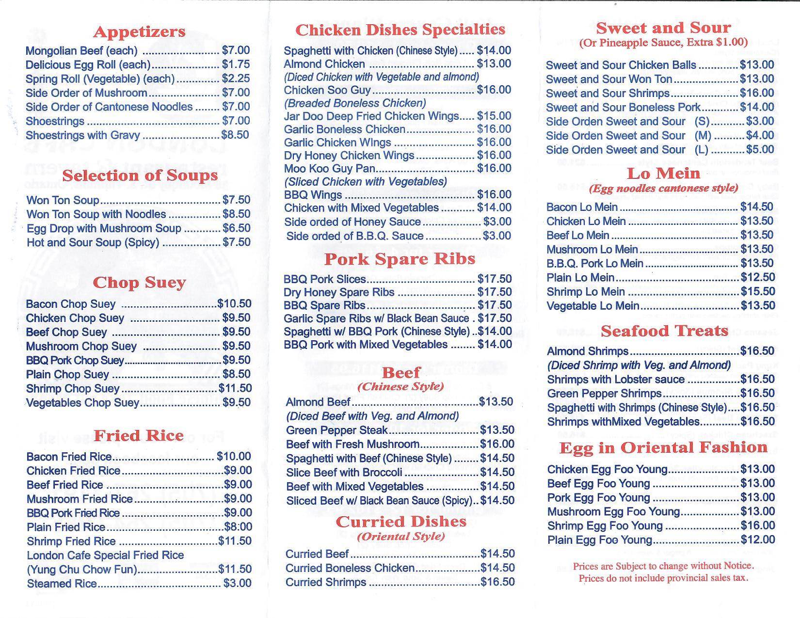 Menu at London Cafe Restaurant & Tvrn, Timmins, 38 Mountjoy St S