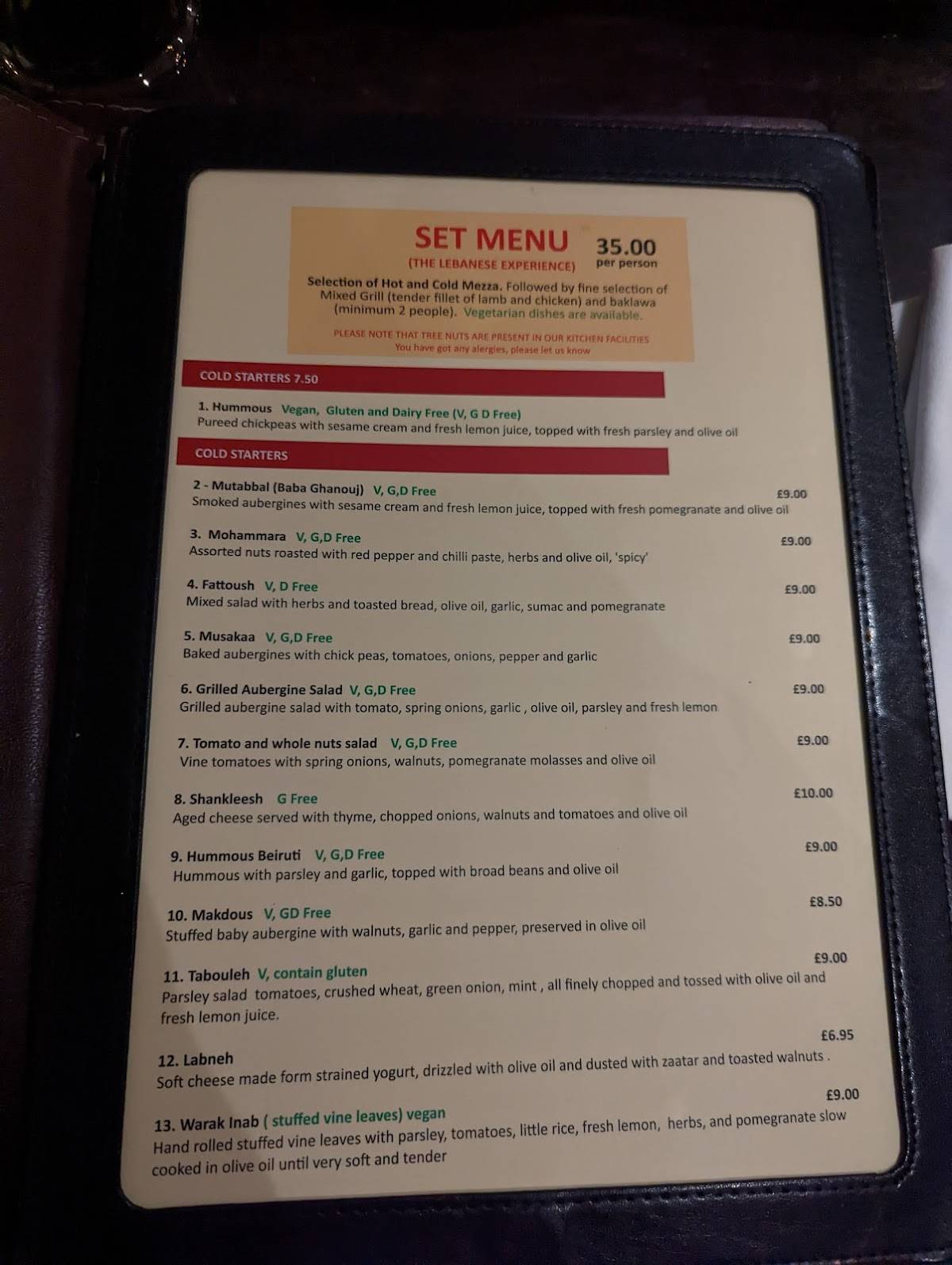 Menu at Fairuz restaurant, London, 3 Blandford St