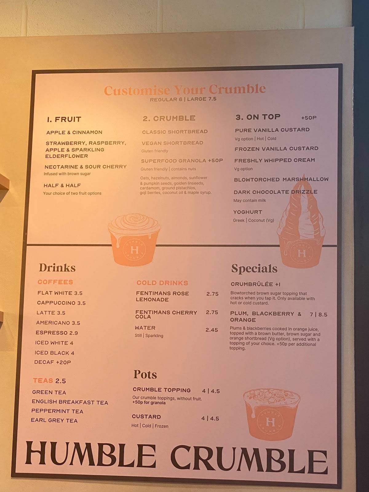 Menu at Humble Crumble restaurant, London, Old Spitalfields Market
