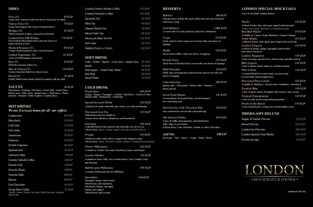 Menu au London Restaurant & Lounge, Hurghada