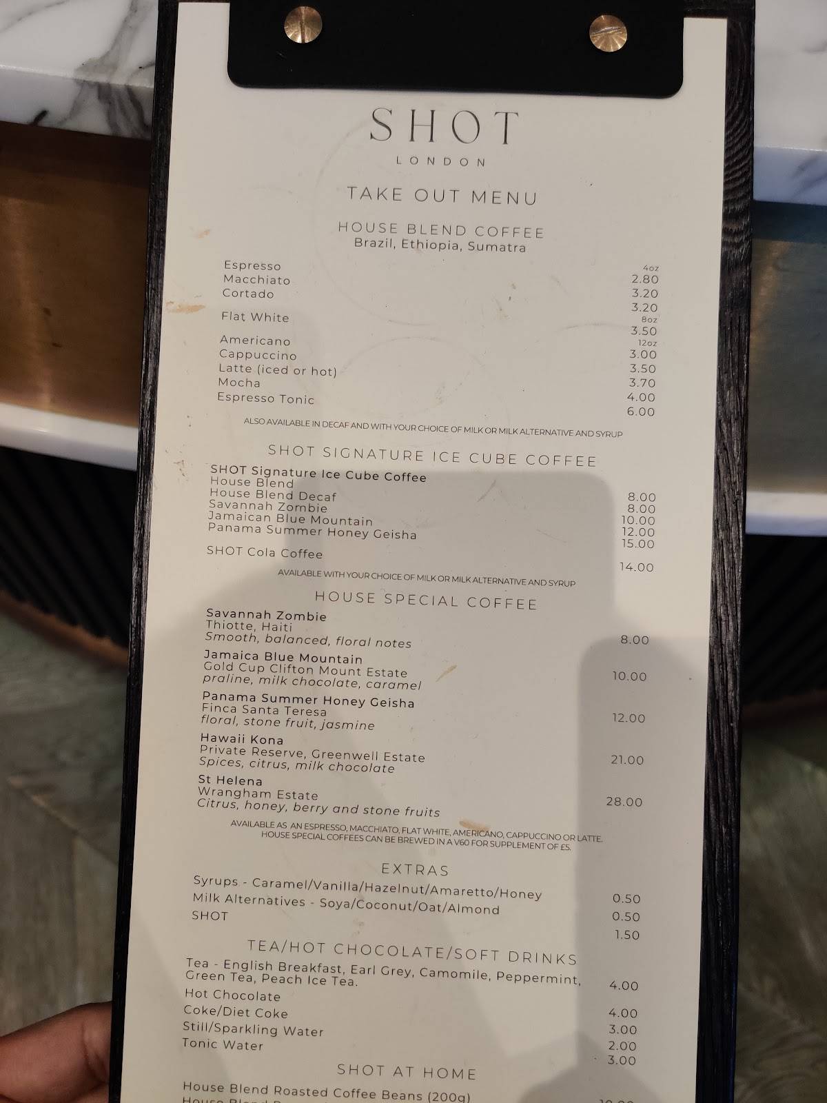 Menu at SHOT London - Mayfair cafe, London, 10A Berkeley St