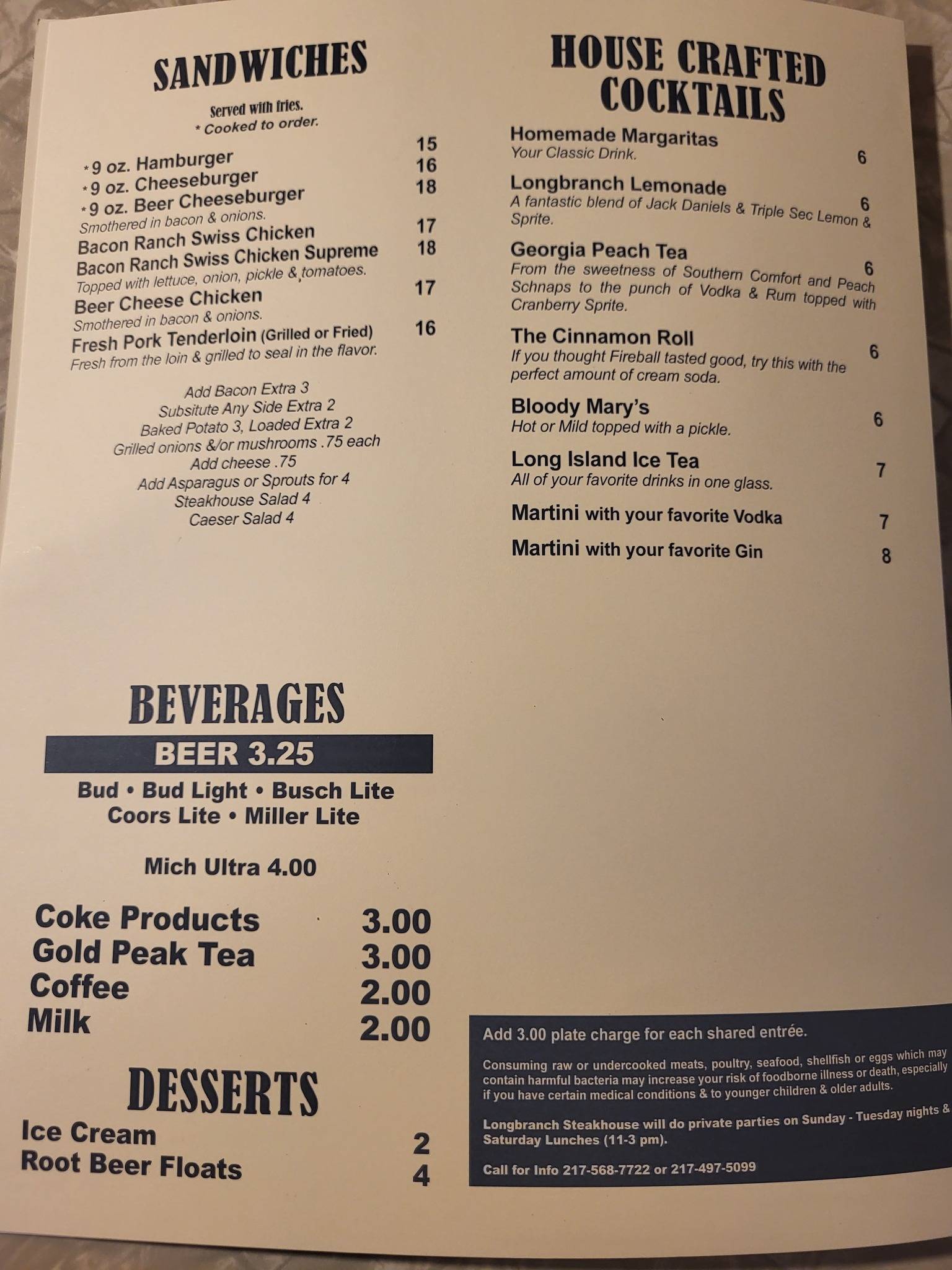 Menu at Longbranch Steakhouse, Gifford