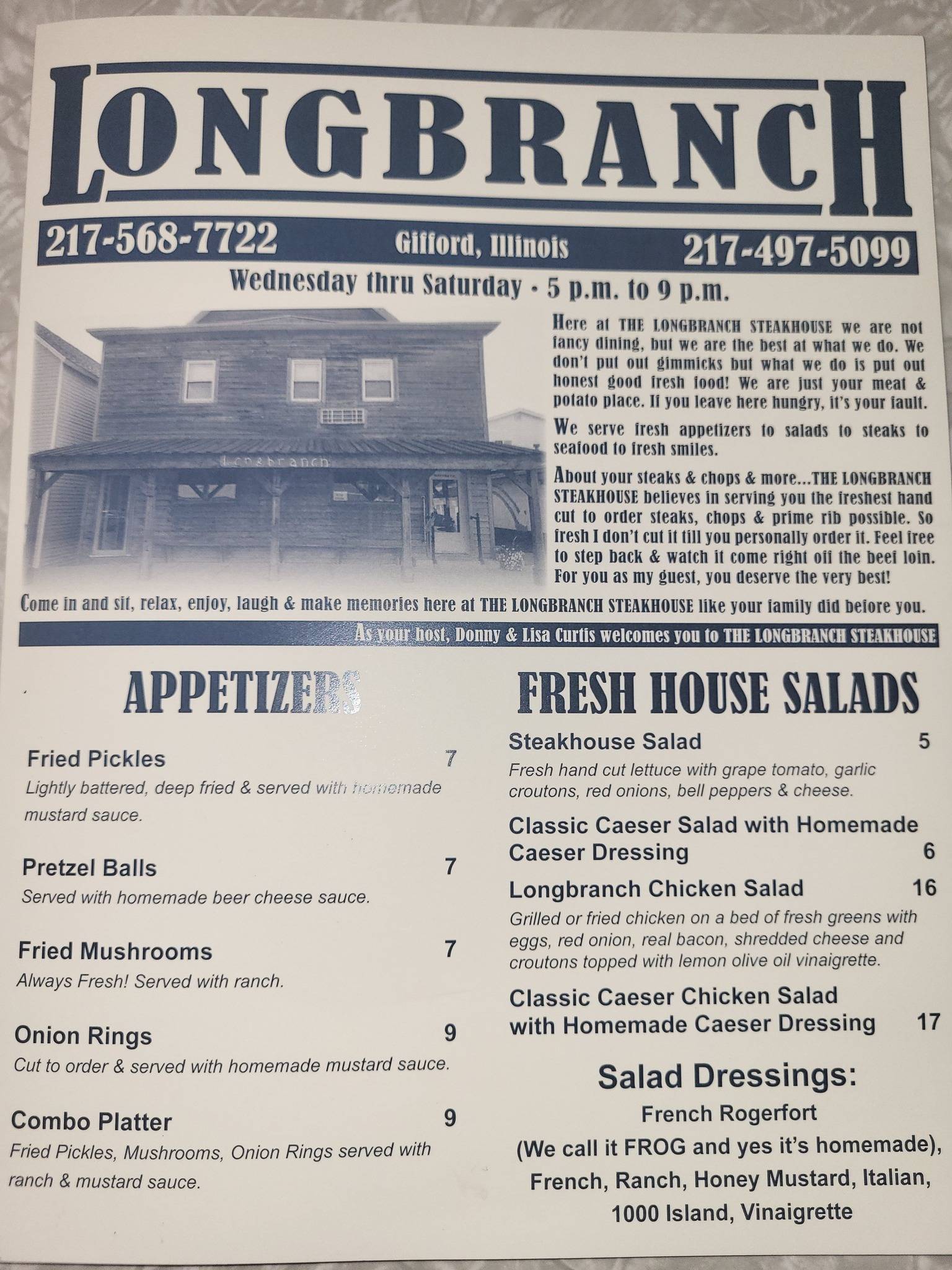 Menu at Longbranch Steakhouse, Gifford