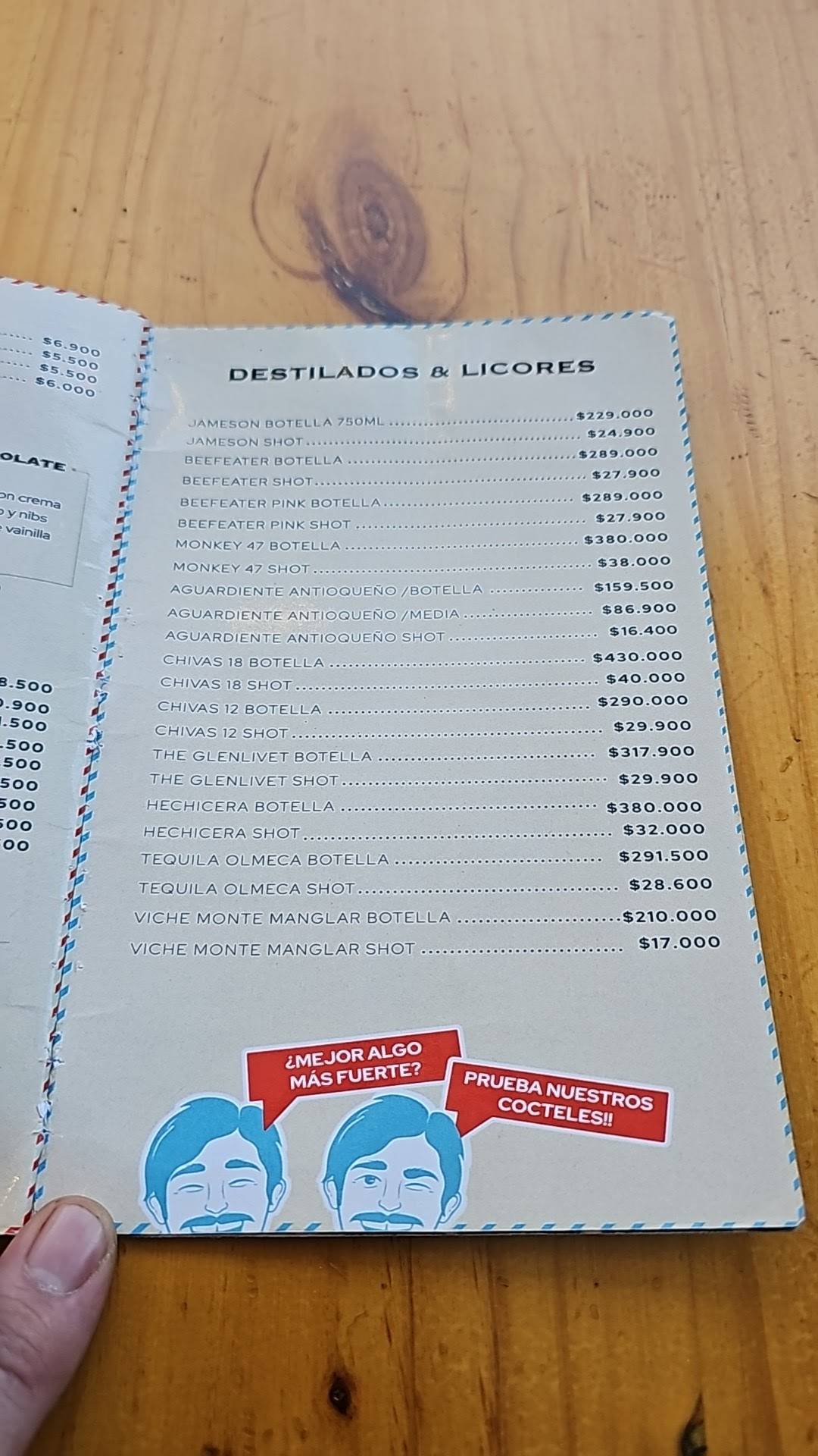 Menu at Longo's restaurant, Bogotá