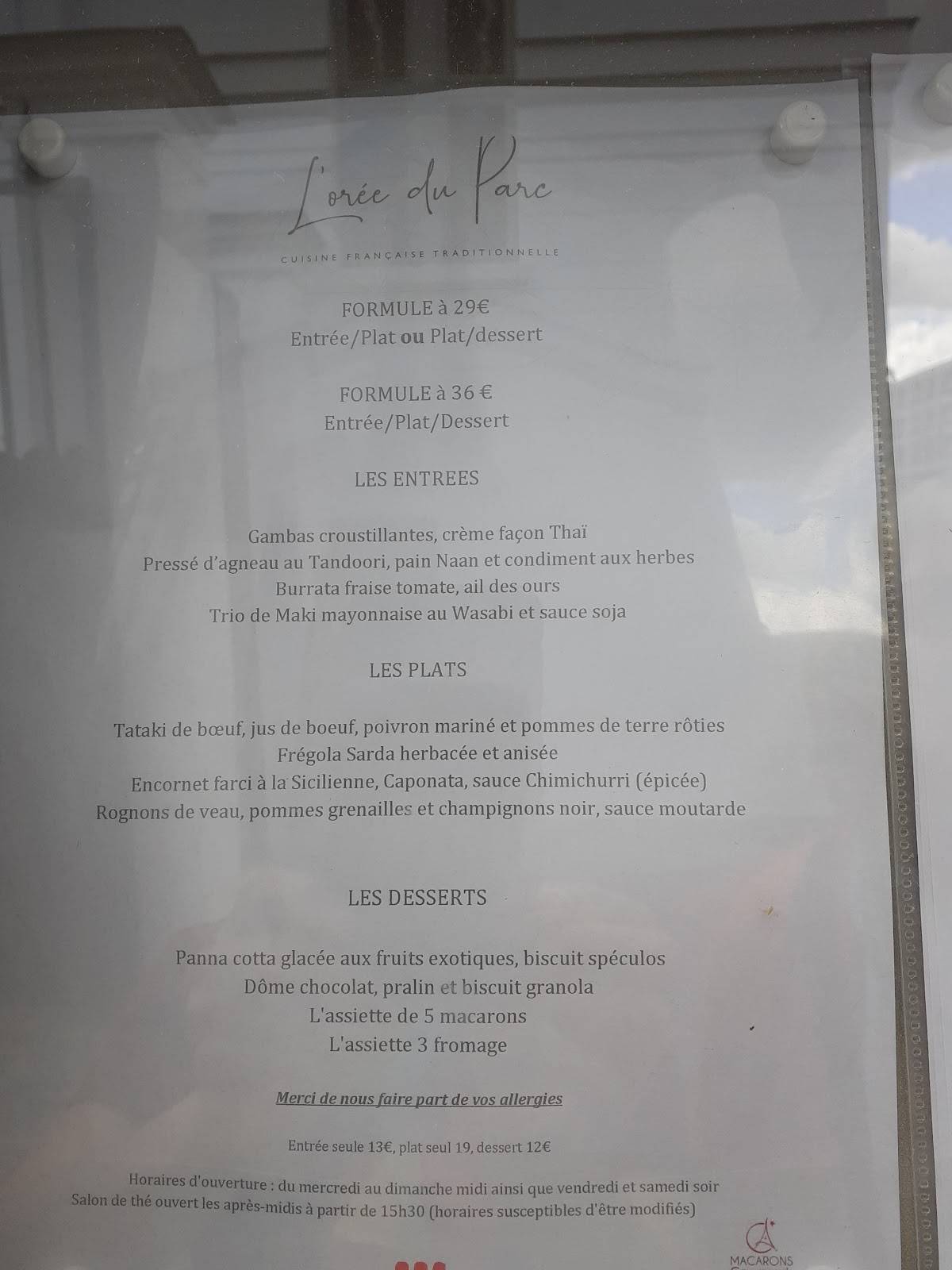 Menu at L'orée du Parc restaurant, Yerres