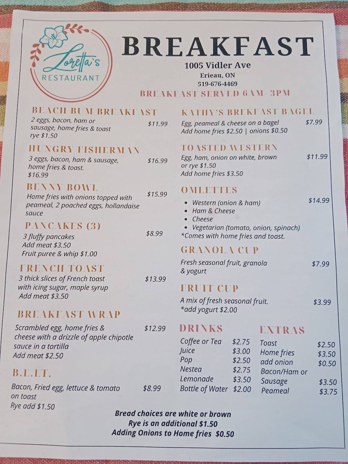 Menu at Loretta's Restaurant, Erieau