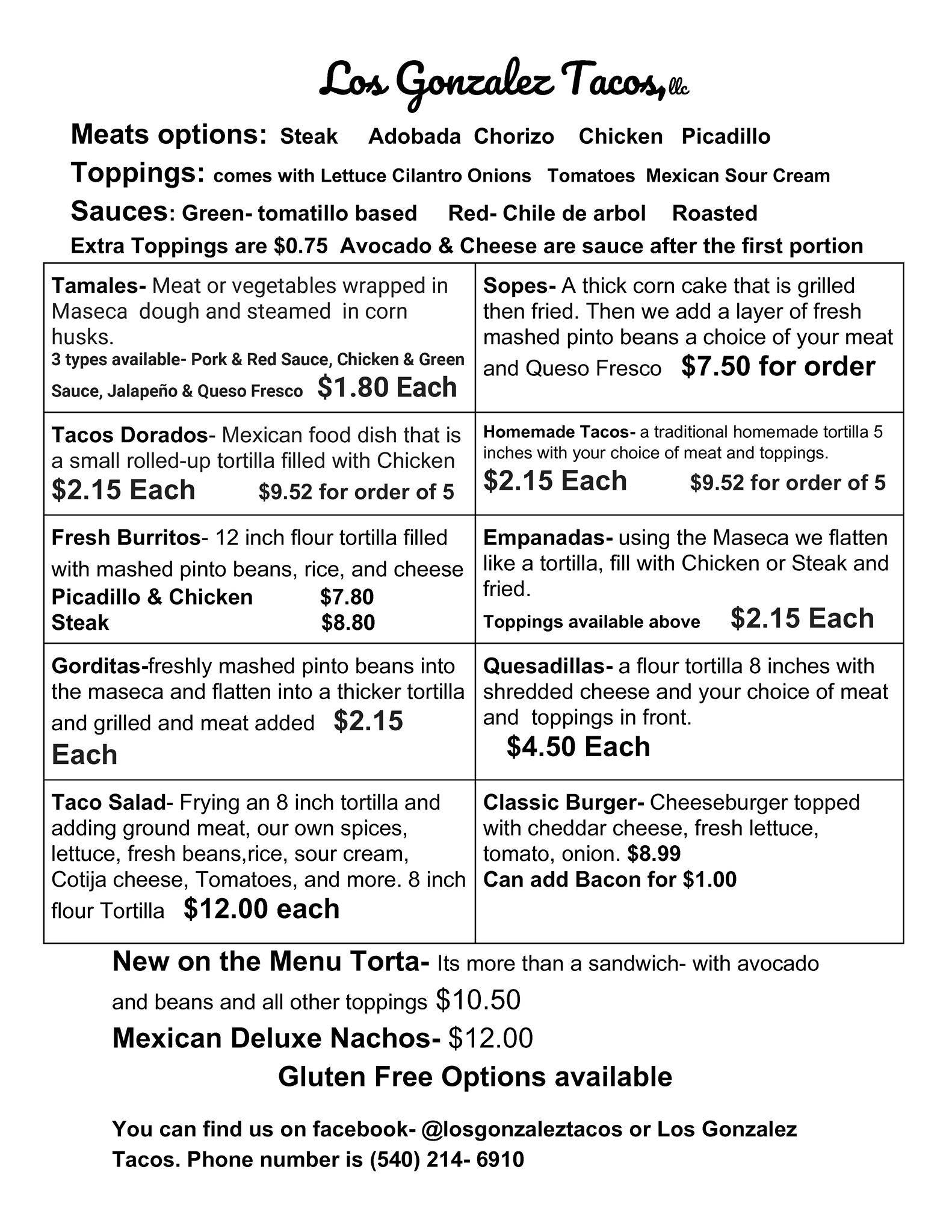 Menu at Los Gonzalez Tacos restaurant, Crimora, East Side Hwy
