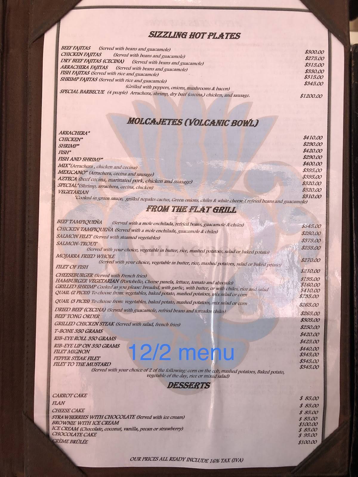 Menu at Los Milagros restaurant, San Miguel de Allende, Relox 17