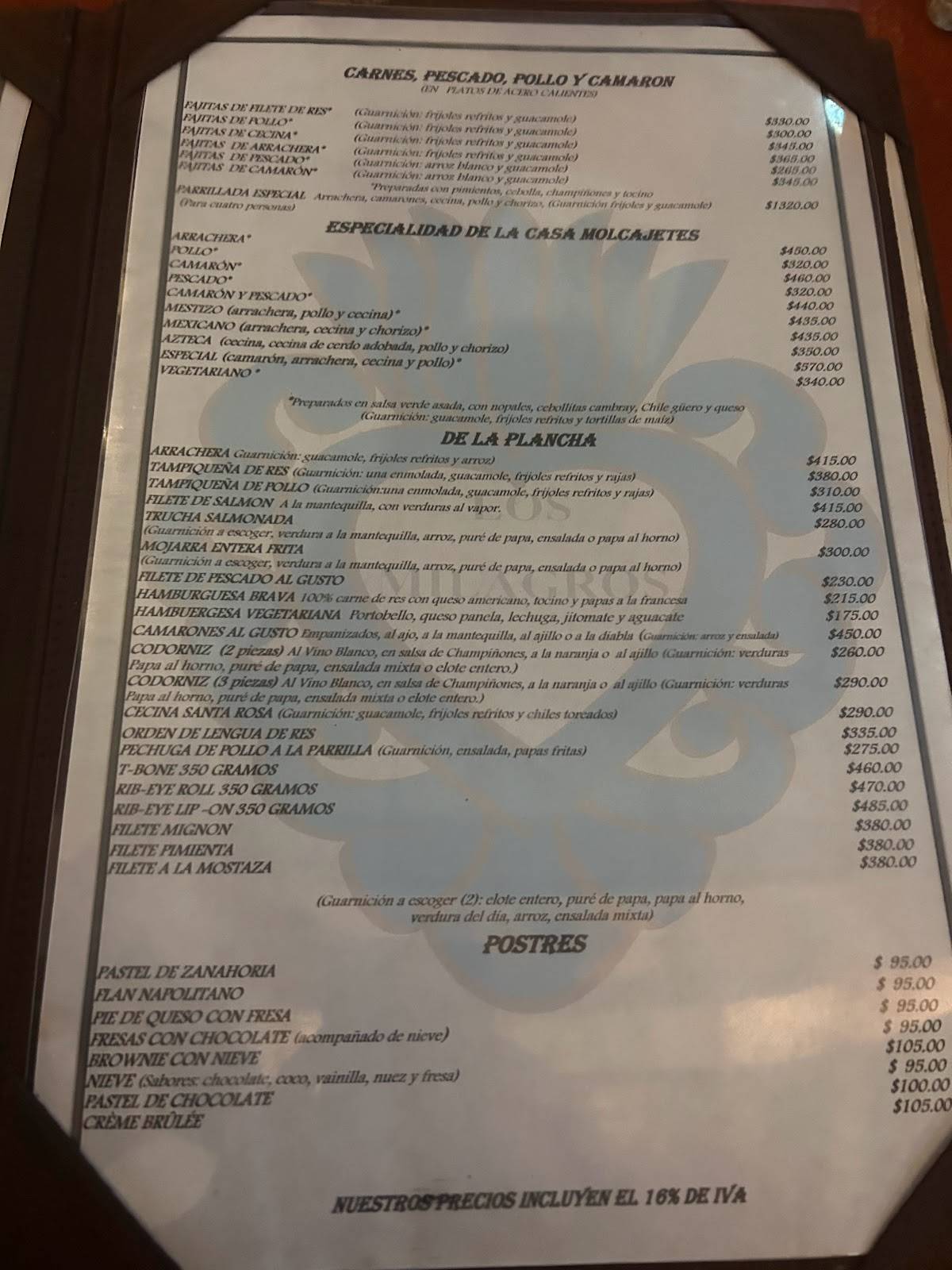 Menu at Los Milagros restaurant, San Miguel de Allende, Relox 17