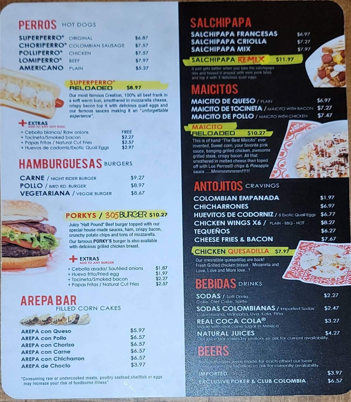 Carta del restaurante Los Perros, Miami Lakes, NW 169th St