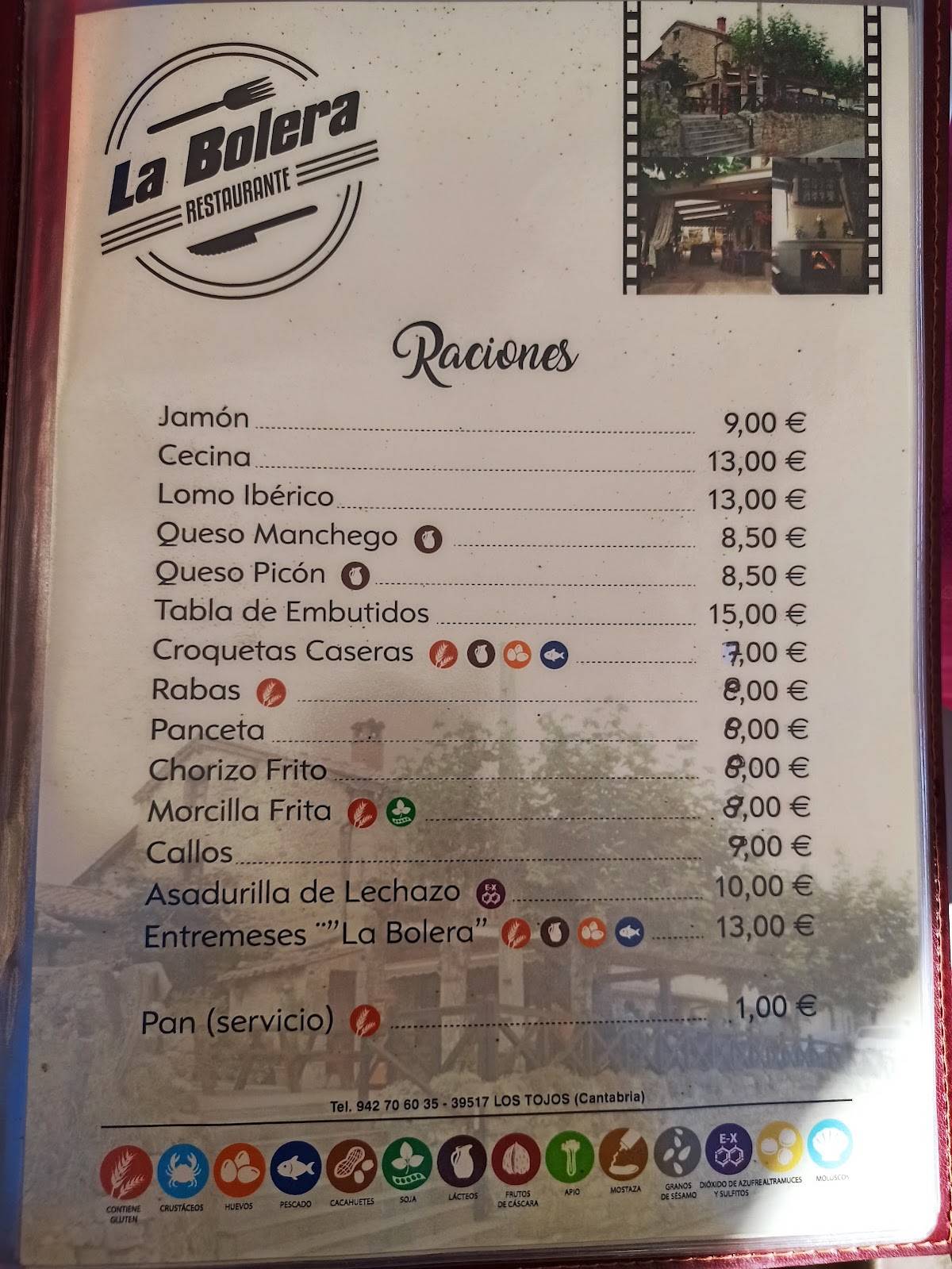 Carta de Restaurante La Bolera, Los Tojos