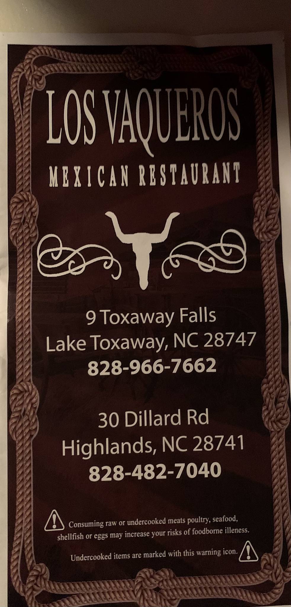 Menu at Los Vaqueros Mexican Restaurant, Lake Toxaway
