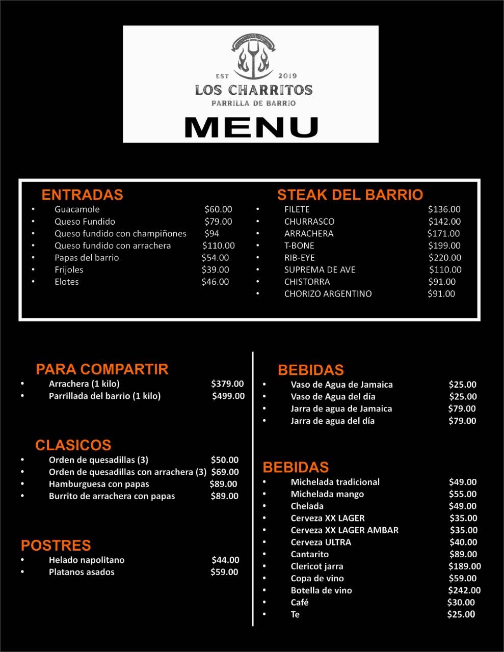 Menu at Los charritos, parrilla de barrio, San Cristóbal de las Casas