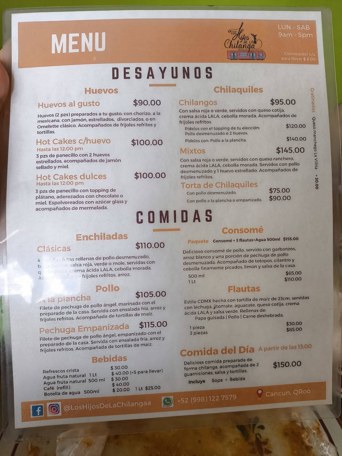 Carta del restaurante Los hijos del la chilanga, Cancún