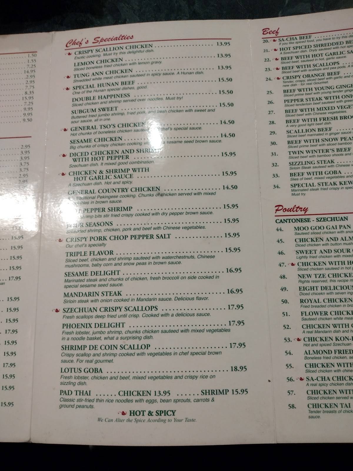 Menu at Lotus restaurant, Mooresville