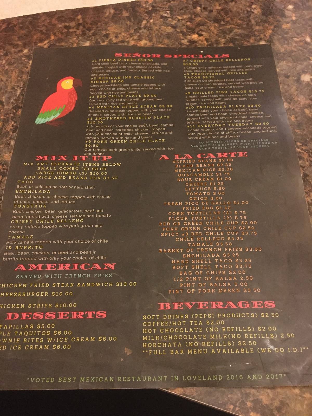 Menu at Senor Rafael at the Mexican Inn restaurant, Loveland