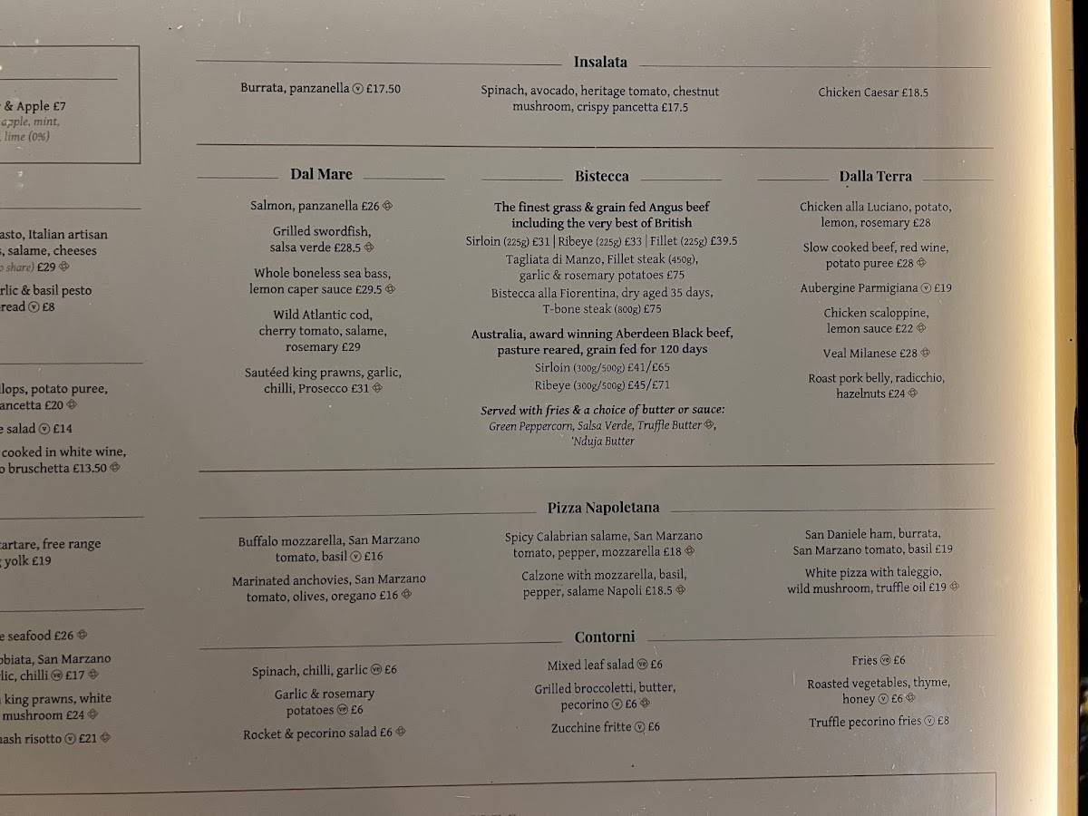 Carta del restaurante Luciano by Gino D'Acampo, Londres